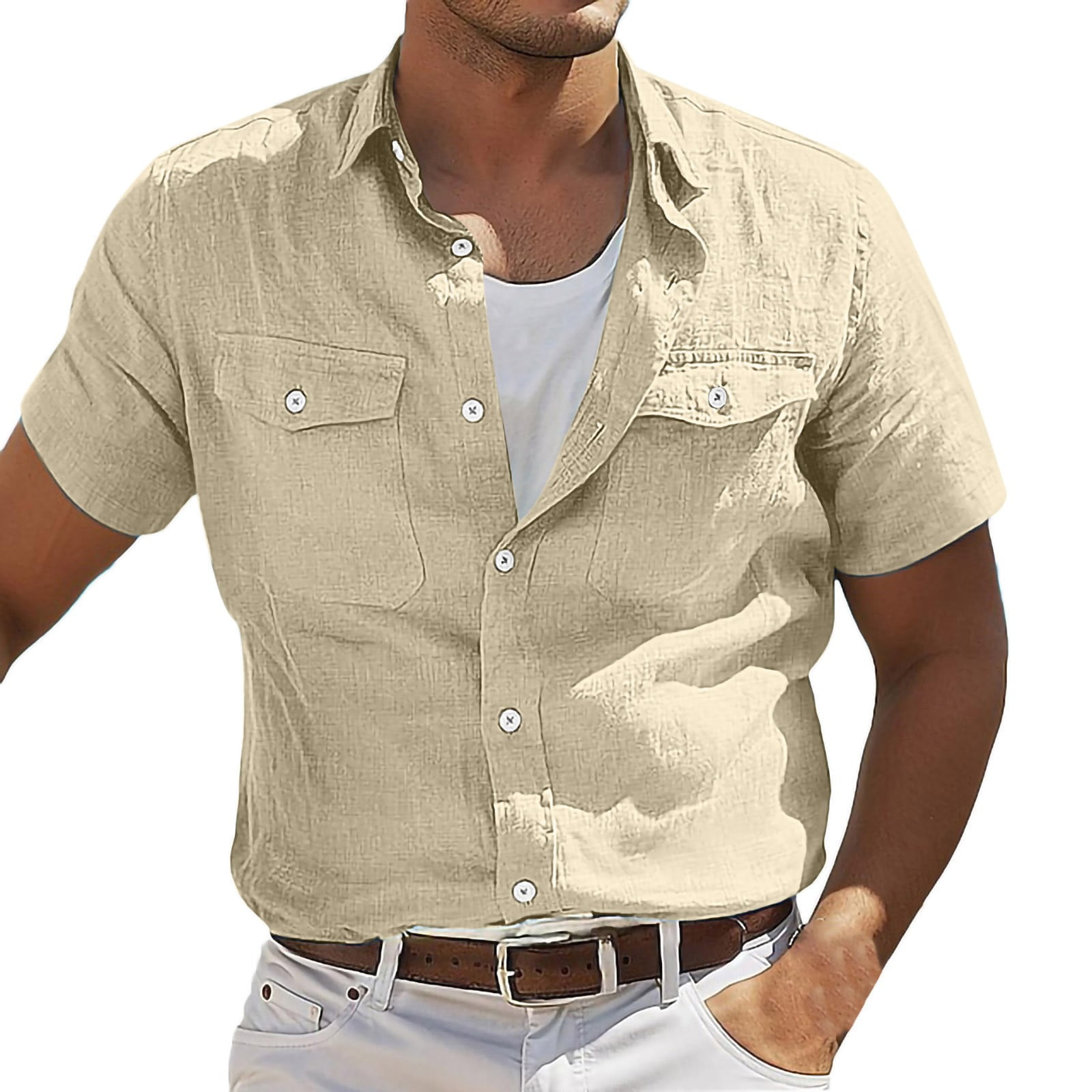 ohmzyzo Men's Linen Short Sleeve Button Down Shirt Casual Lapel Collar Summer Beach Shirts ...