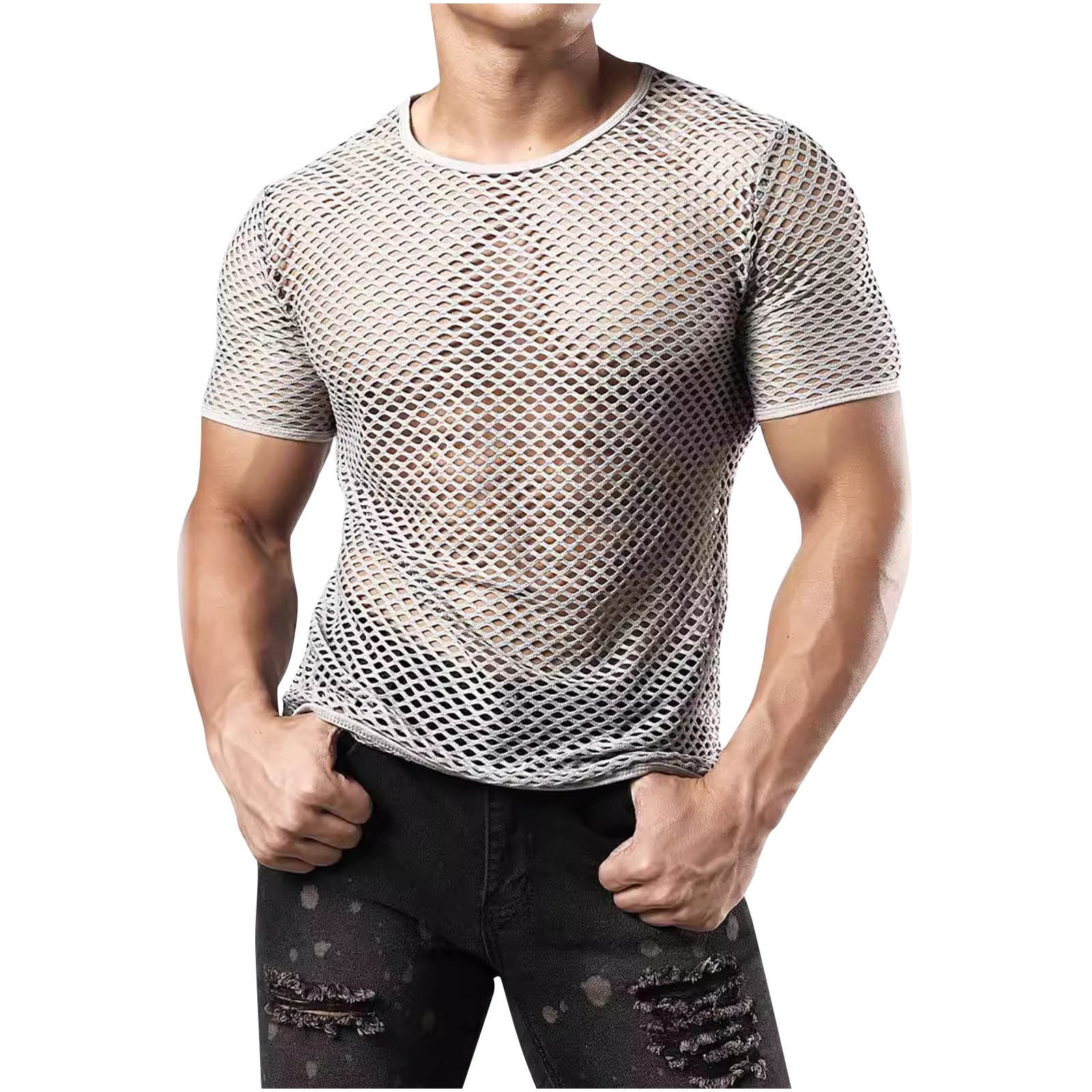 ohmzyzo Men's Mesh Fishnet Shirts Loose Fitted Short Sleeve Muscle Tops ...