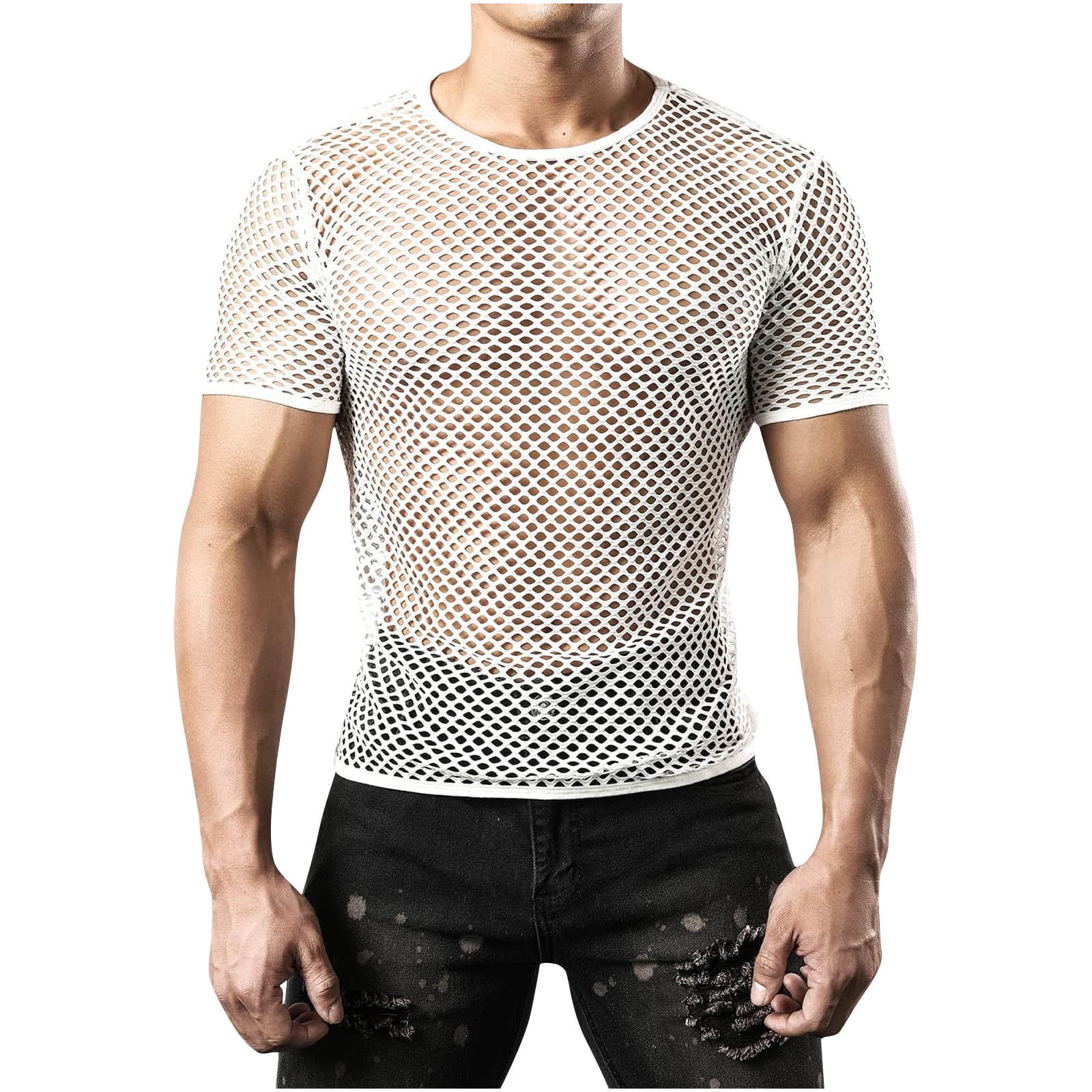 ohmzyzo Men's Mesh Fishnet Shirts Loose Fitted Short Sleeve Muscle Tops ...