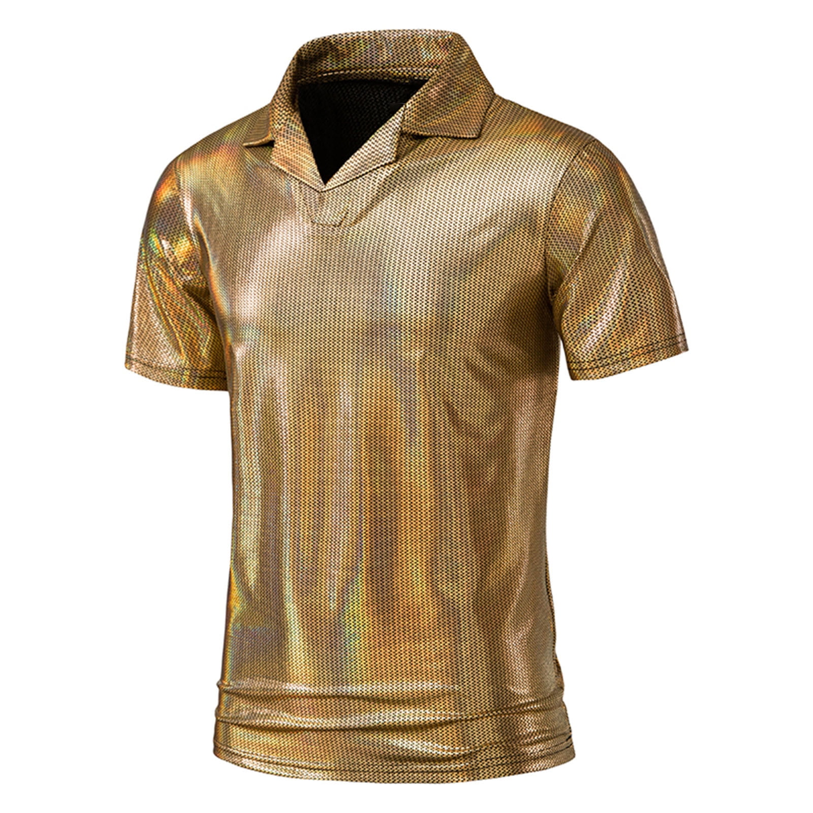 ohmzyzo Men's Short Sleeve Collared Metallic Shirts Lapel V-Neck ...