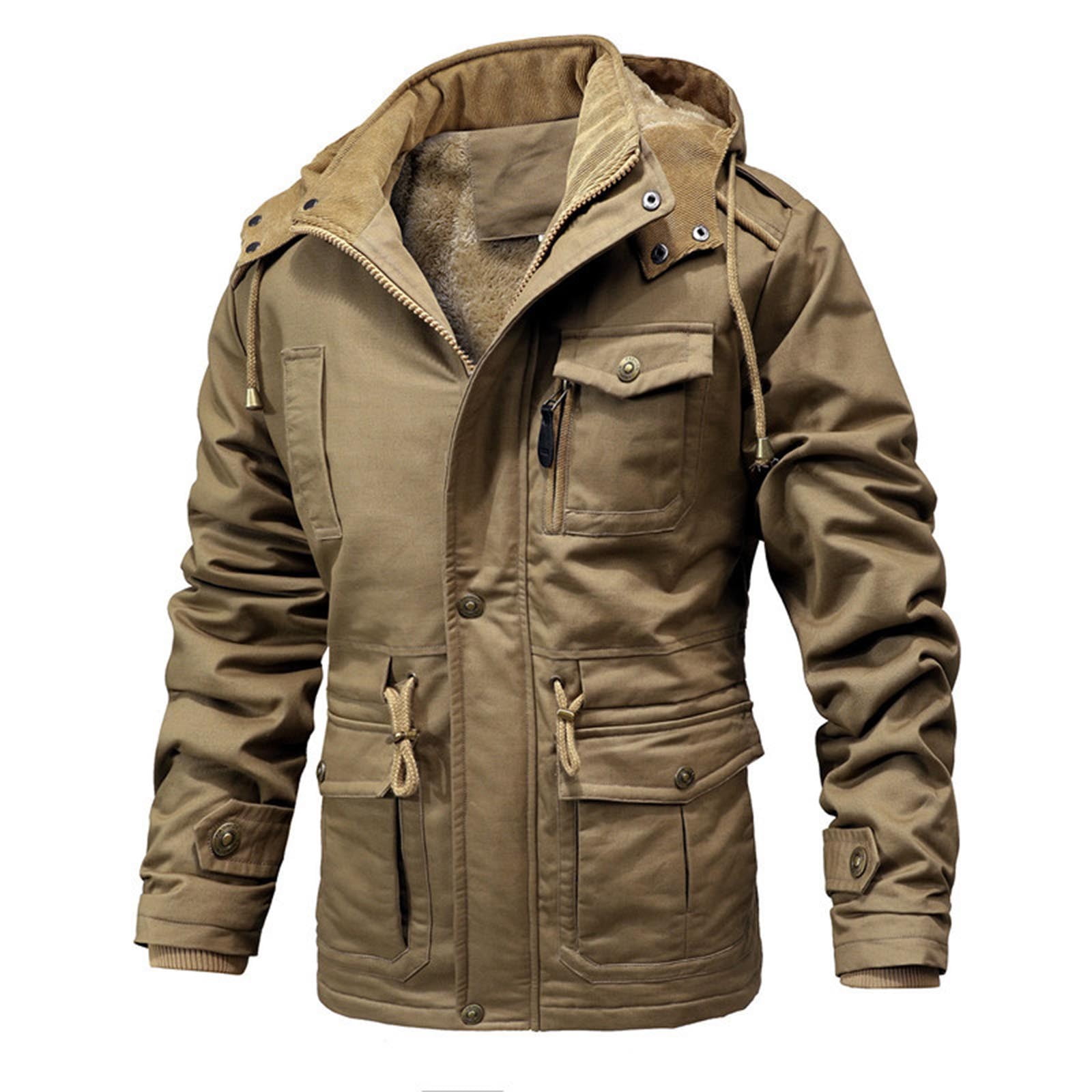 ohmzyzo Men's Winter Hooded Jackets Multi Pockets Zipper Front Coats ...