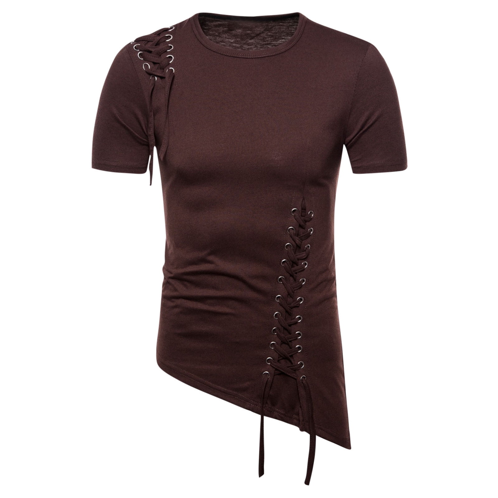 ohmzyzo Mens Asymmetrical Lace Up T-Shirts Crew Neck Short Sleeve ...