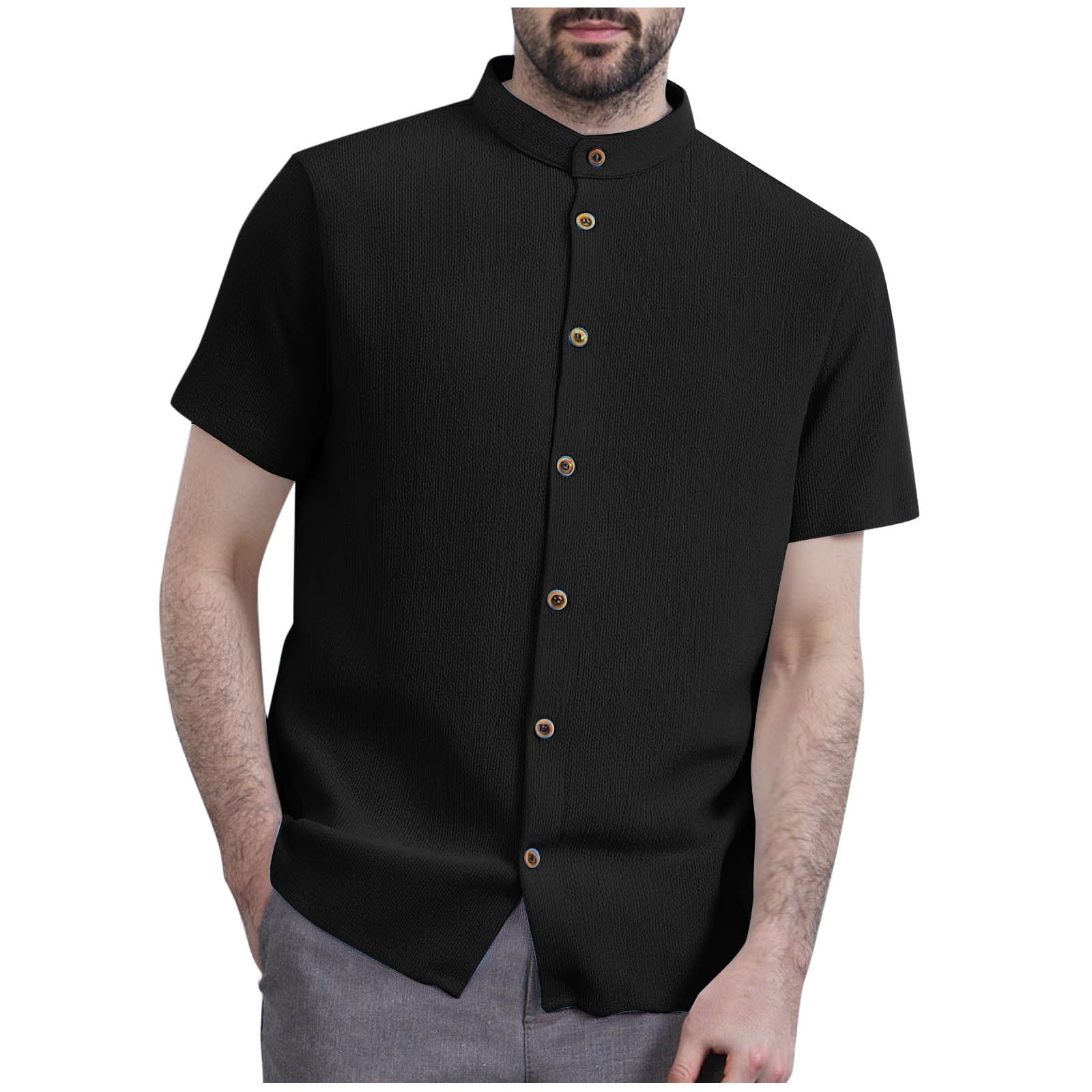 ohmzyzo Mens Banded Collar Dress Shirts Short Sleeve Button Down Mandarin Collar Shirt Solid ...