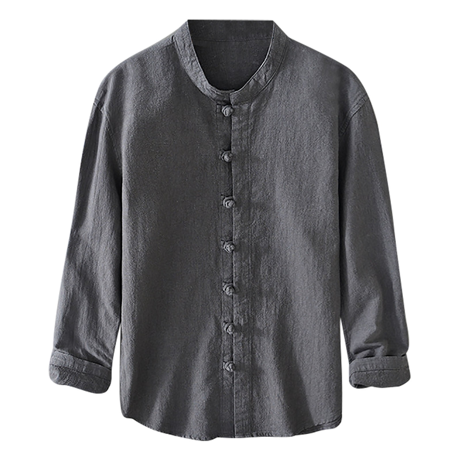 ohmzyzo Mens long sleeve Cotton Shirt Button up Loose Fit Vintage Shirts Banded Collar Tops ...