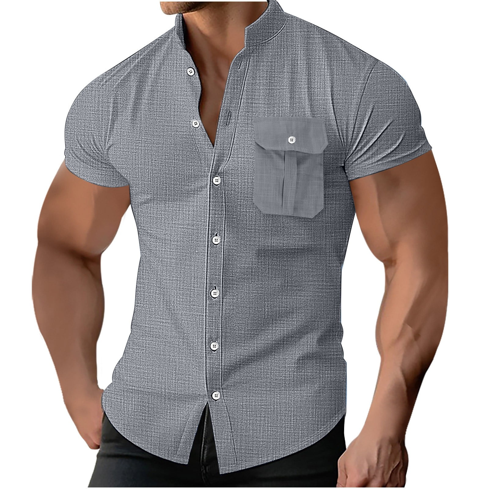 ohmzyzo Short Sleeve Button Down Shirts for Men Plus Size Linen Shirts Casual Summer Beach Dress ...