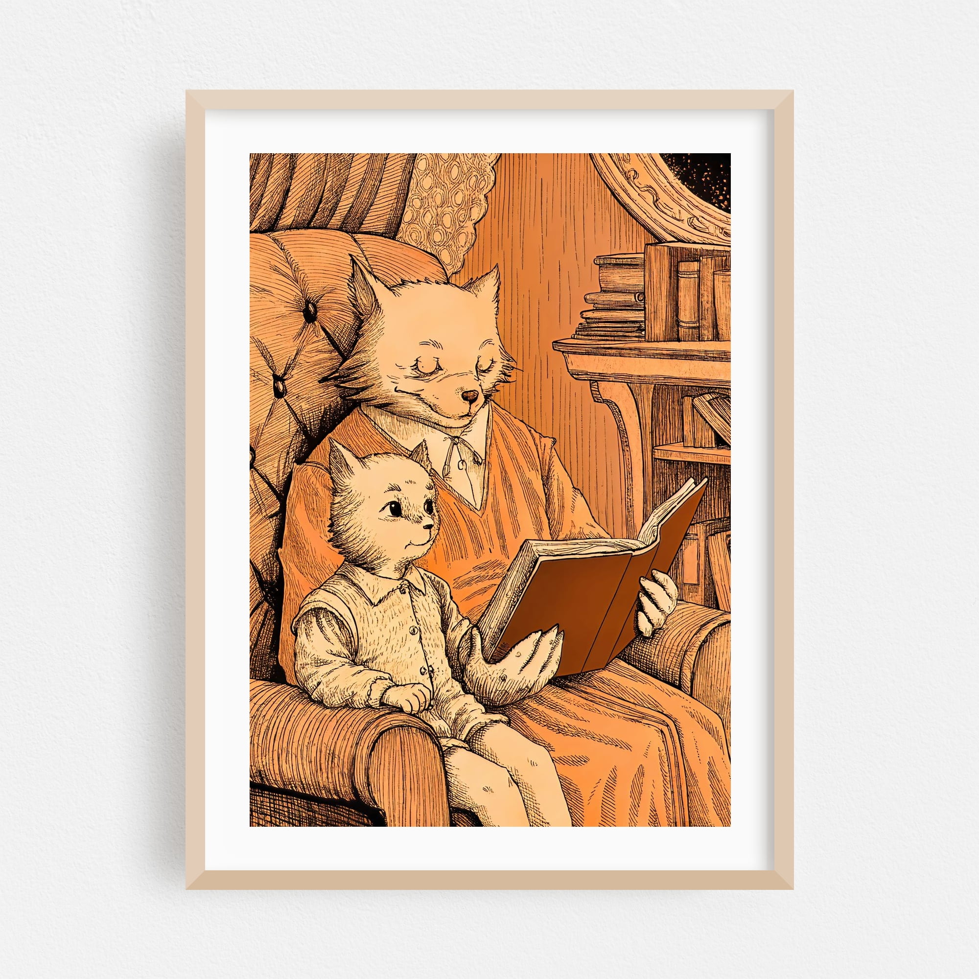 old vintage fox reading a book to a young lynx - Illustration Cat ...