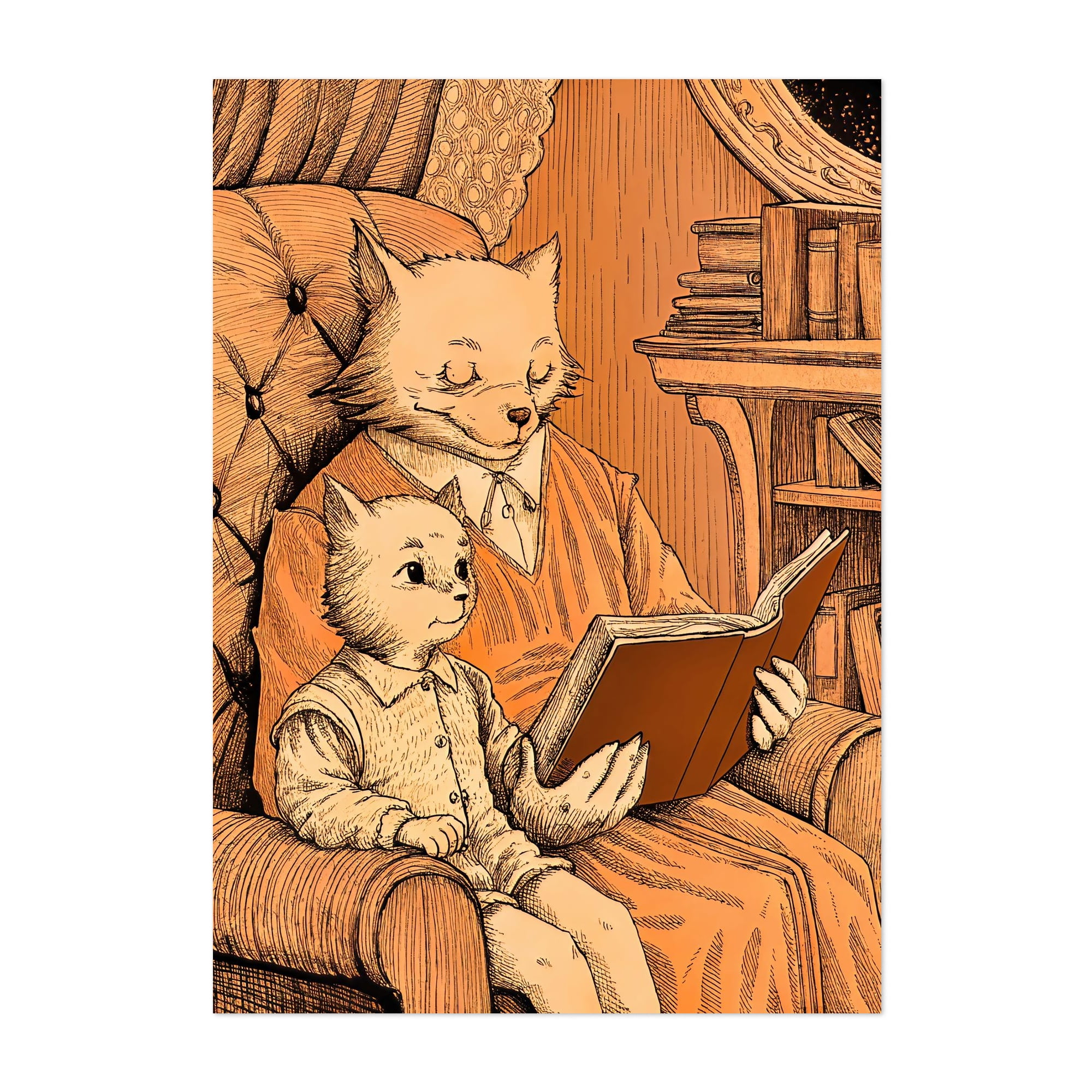 old vintage fox reading a book to a young lynx - Illustration Cat ...
