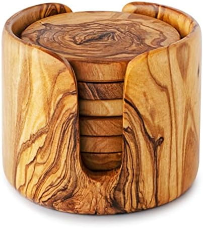 olive wood coasters in a non rustic holder - set of 6 - handmade wooden ...
