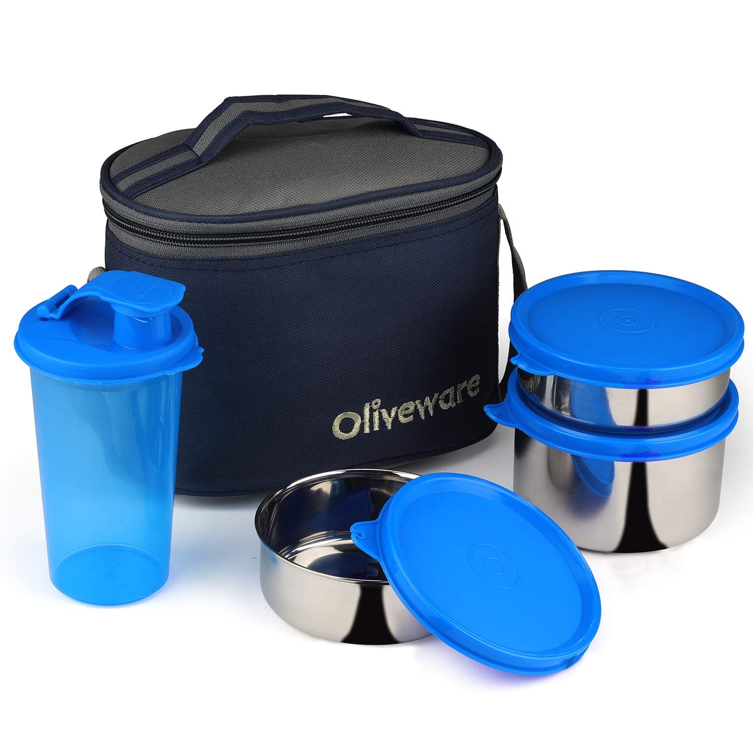 oliveware Mayo Lunch Box, 3 Stainless Steel Containers with Plastic ...