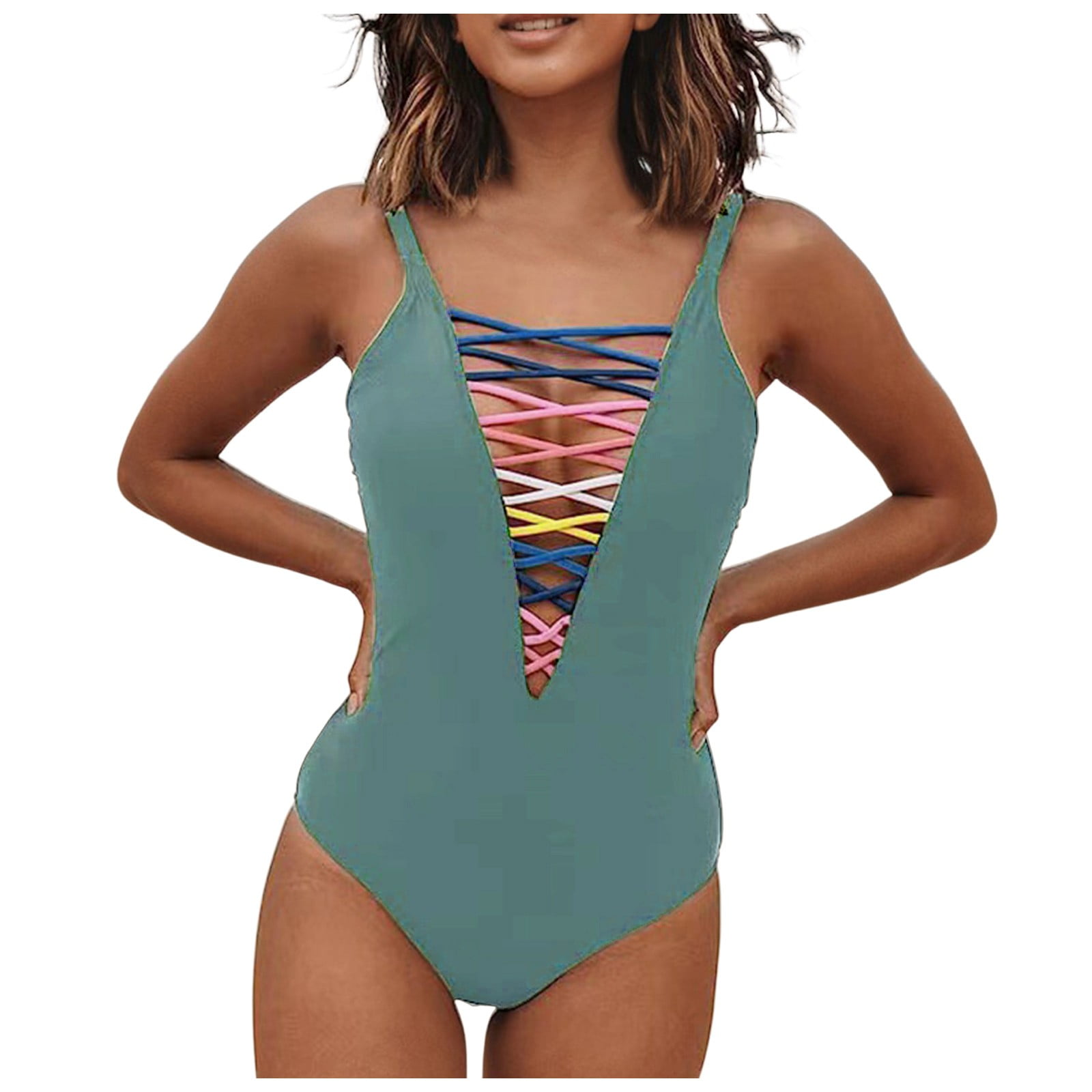 Omens Crochet One Piece Swimsuits V Neck High Waist Bathing Suit Sexy Hollow Monokini Swimwear