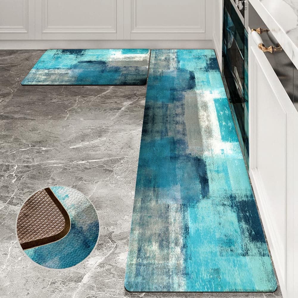 Omezin Anti-Fatigue Kitchen Rugs, Turquoise/Grey, Set of 2, Modern ...