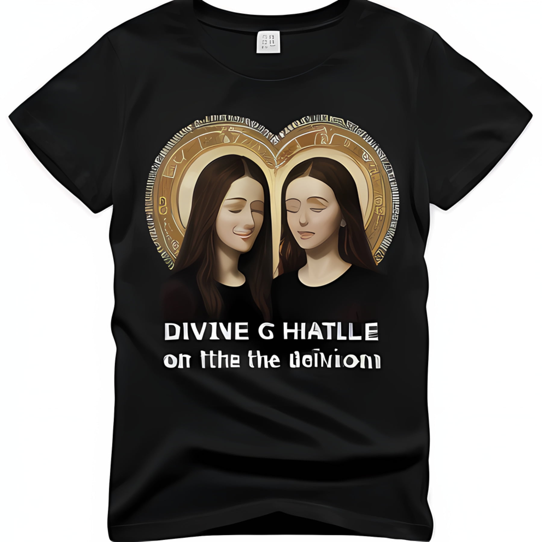 on Face: Two Women Portrait with Golden Halos Da Vinci Style Black T ...