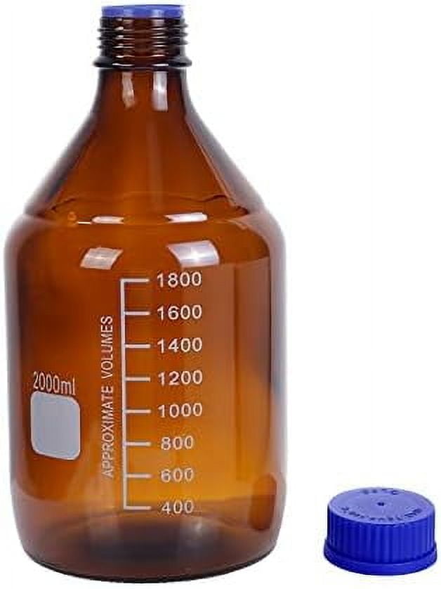 one piece 2 liter amber glass graduated round 2000ml lab reagent media/storage bottle with gl45 ...