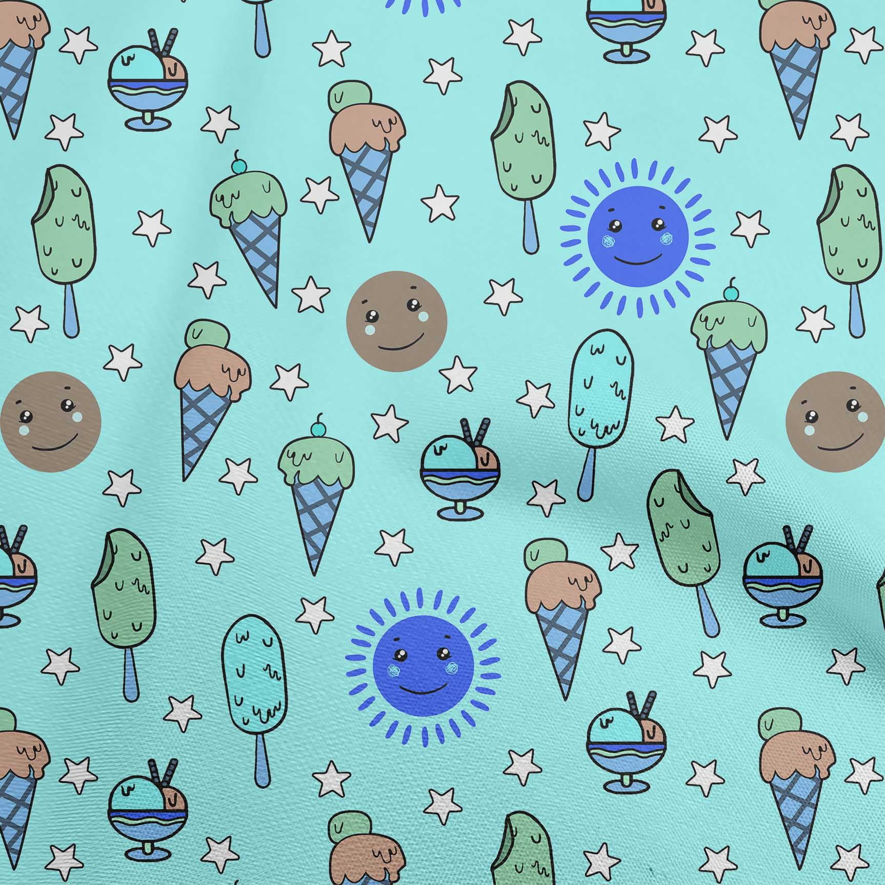 oneOone Cotton Cambric Aqua Blue Fabric Kawai Sewing Material Print ...