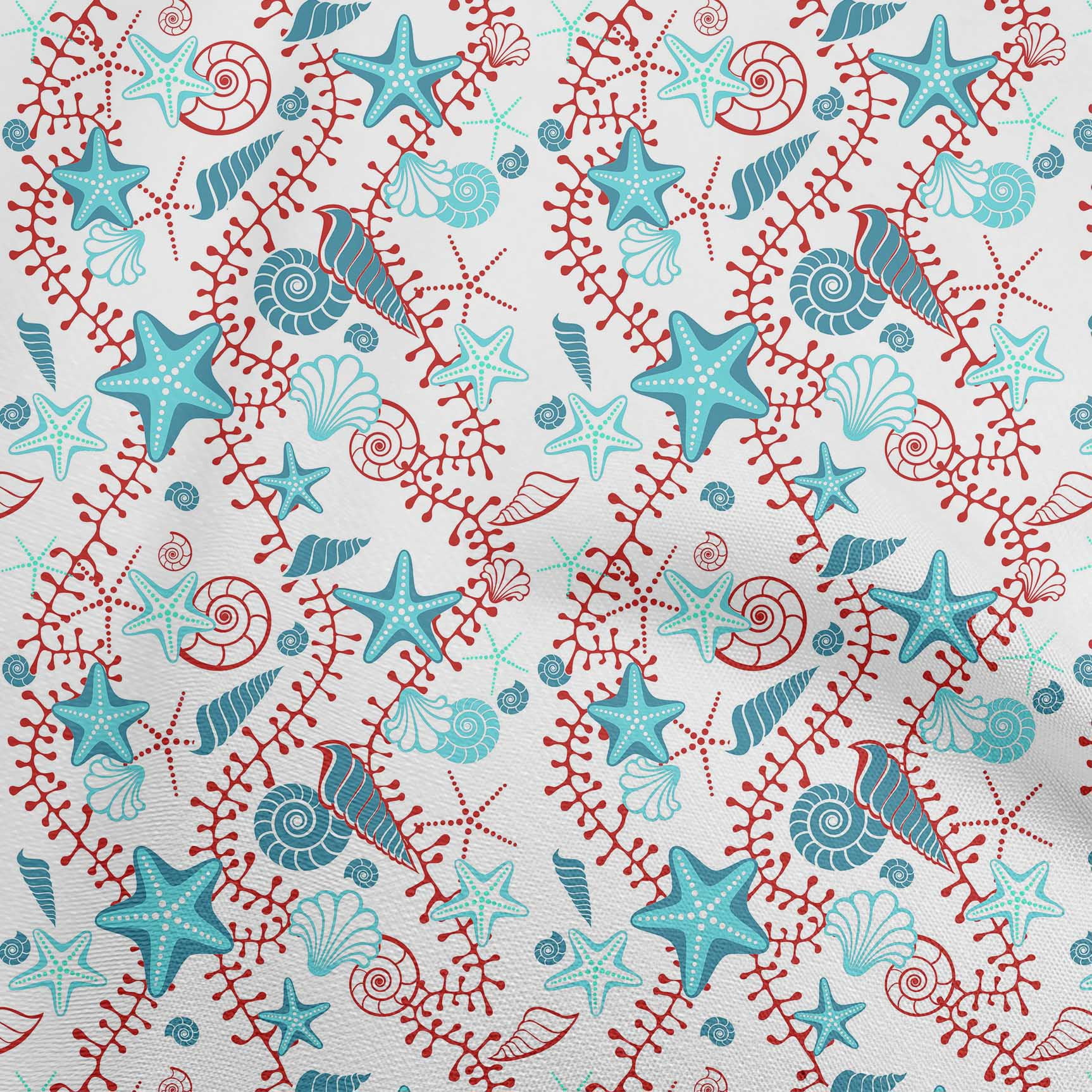oneOone Cotton Cambric Dark Teal Green Fabric Beach Starfish &Shell ...