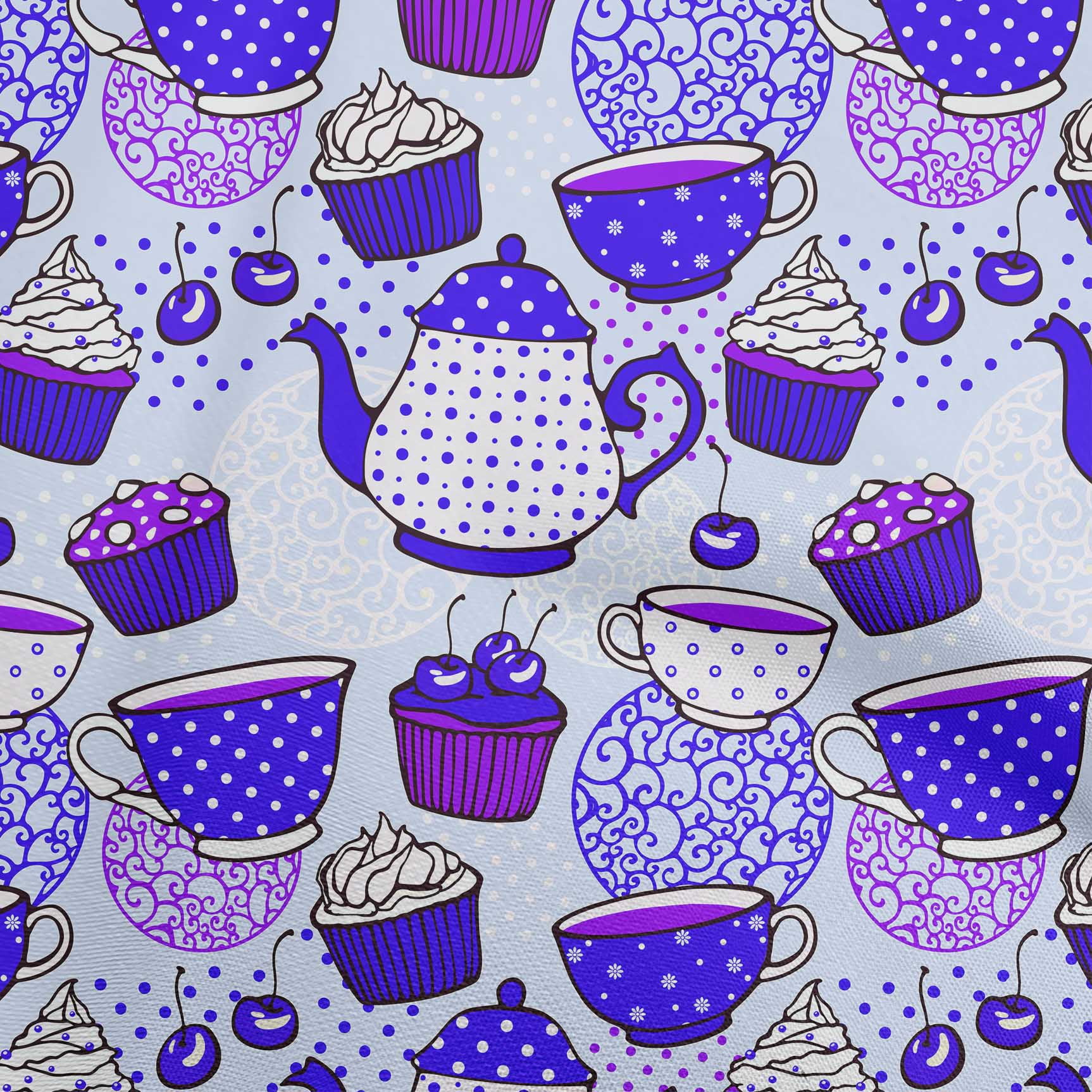 oneOone Cotton Cambric Dusty Blue Fabric Tea Party Kettle Quilting ...