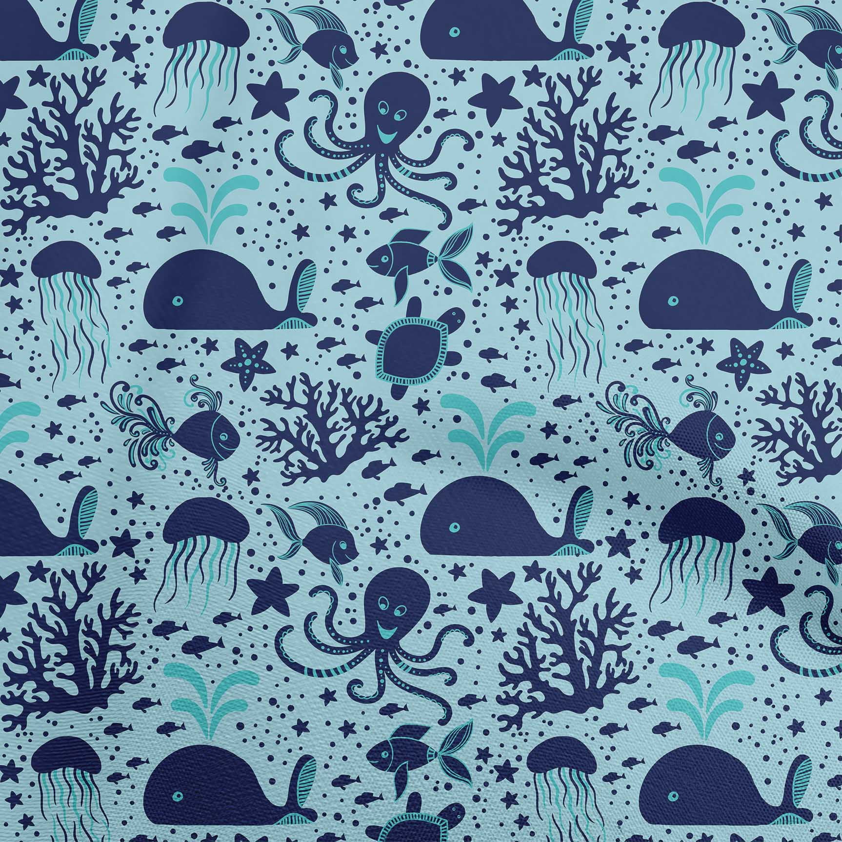 oneOone Cotton Cambric Light Blue Fabric Ocean Underwater Life Sewing ...