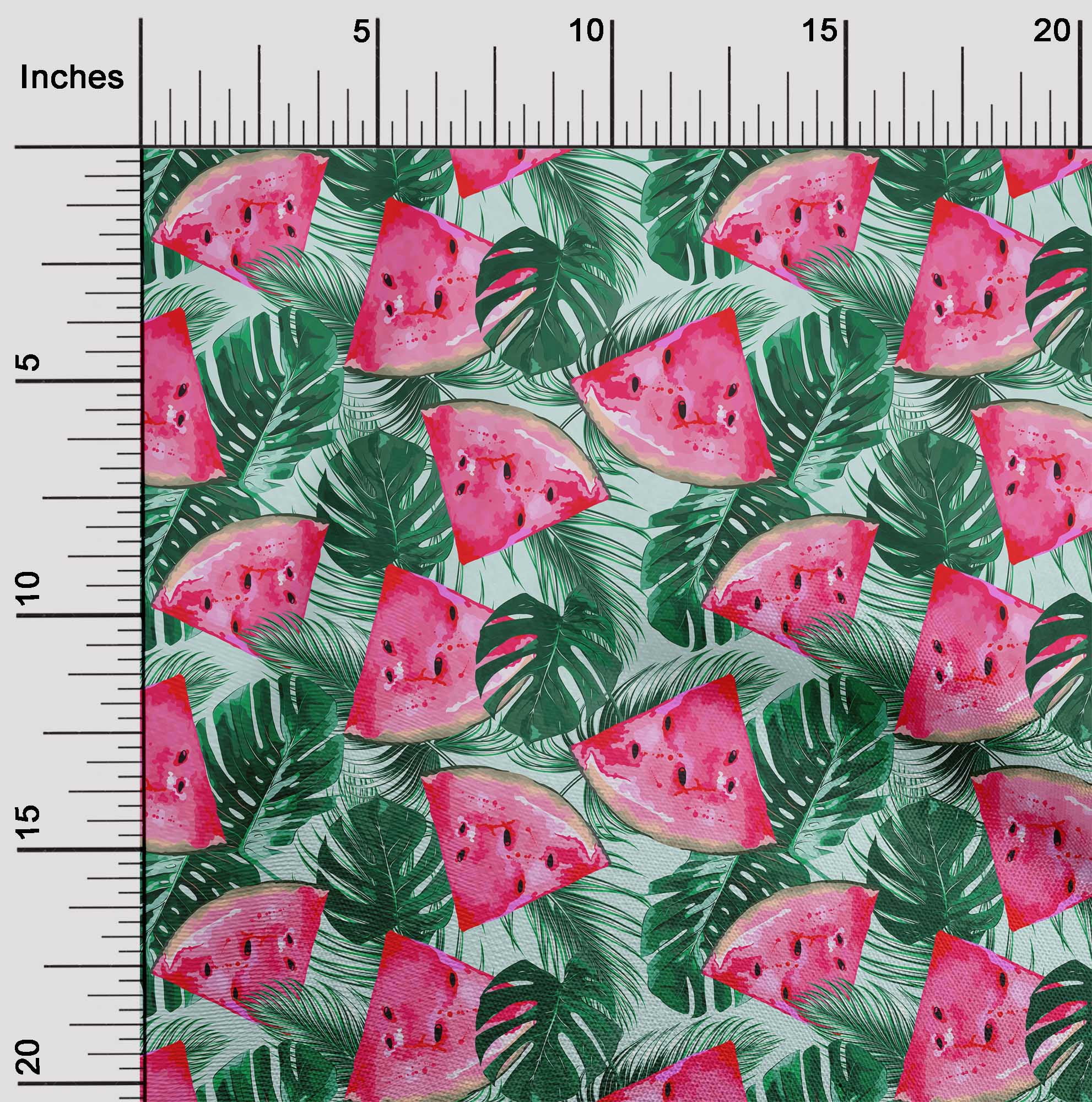 oneOone Cotton Cambric Mint Green Fabric Monstera Leaves & Watermelon ...