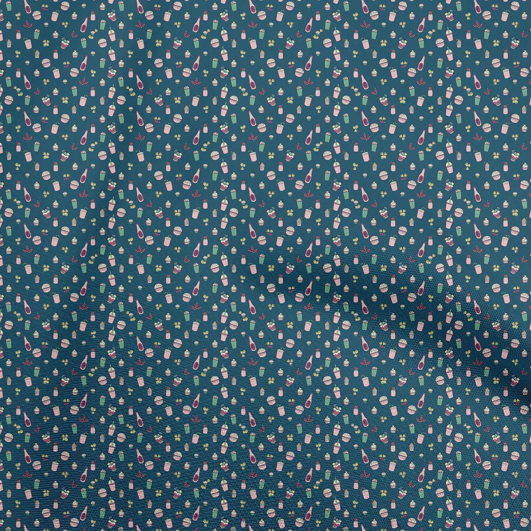 oneOone Cotton Cambric Teal Blue Fabric Ice Cream & Cupcakes Sewing ...