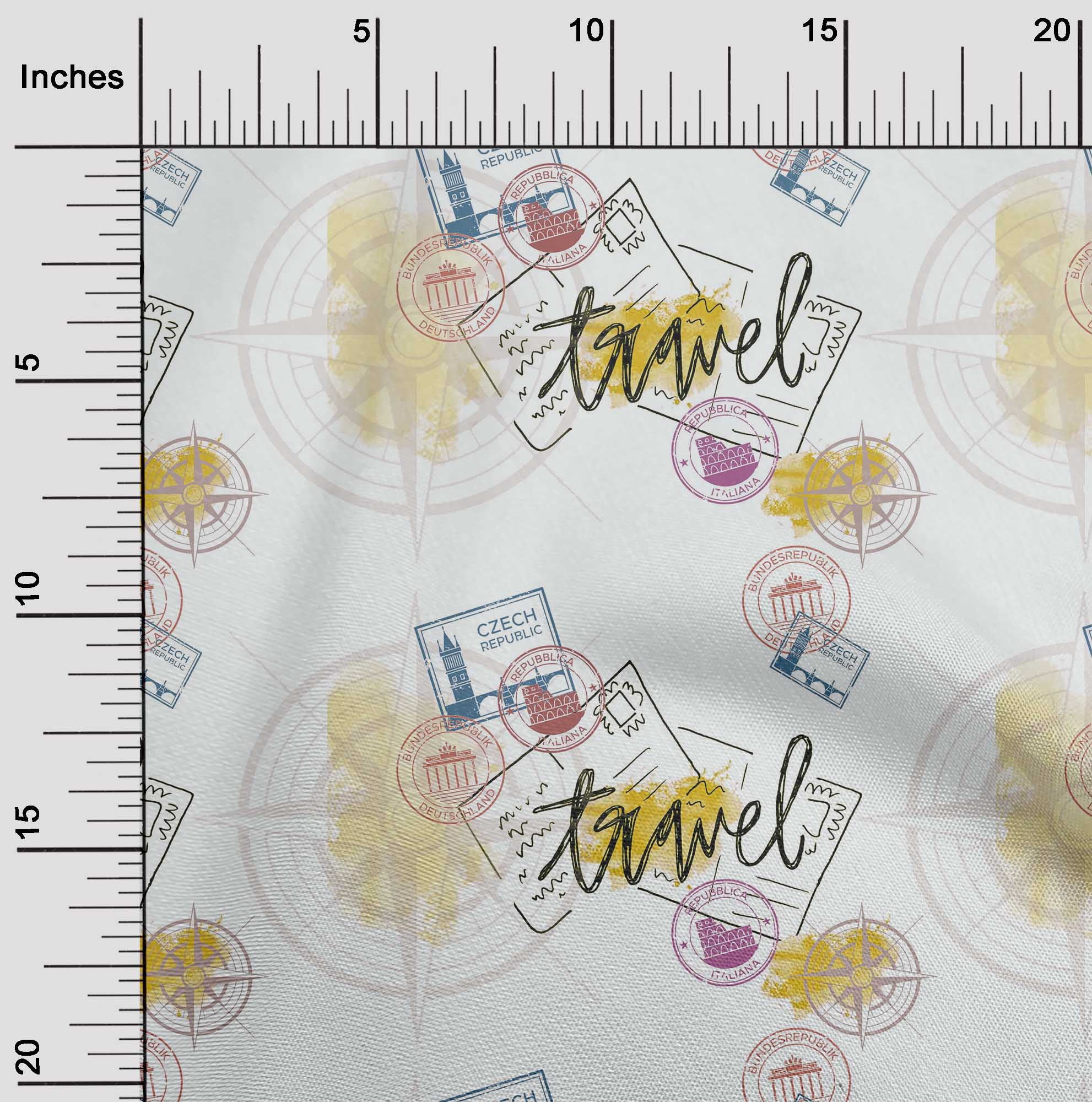 oneOone Cotton Cambric Yellow Fabric Stamps & Direction Compass Travel ...