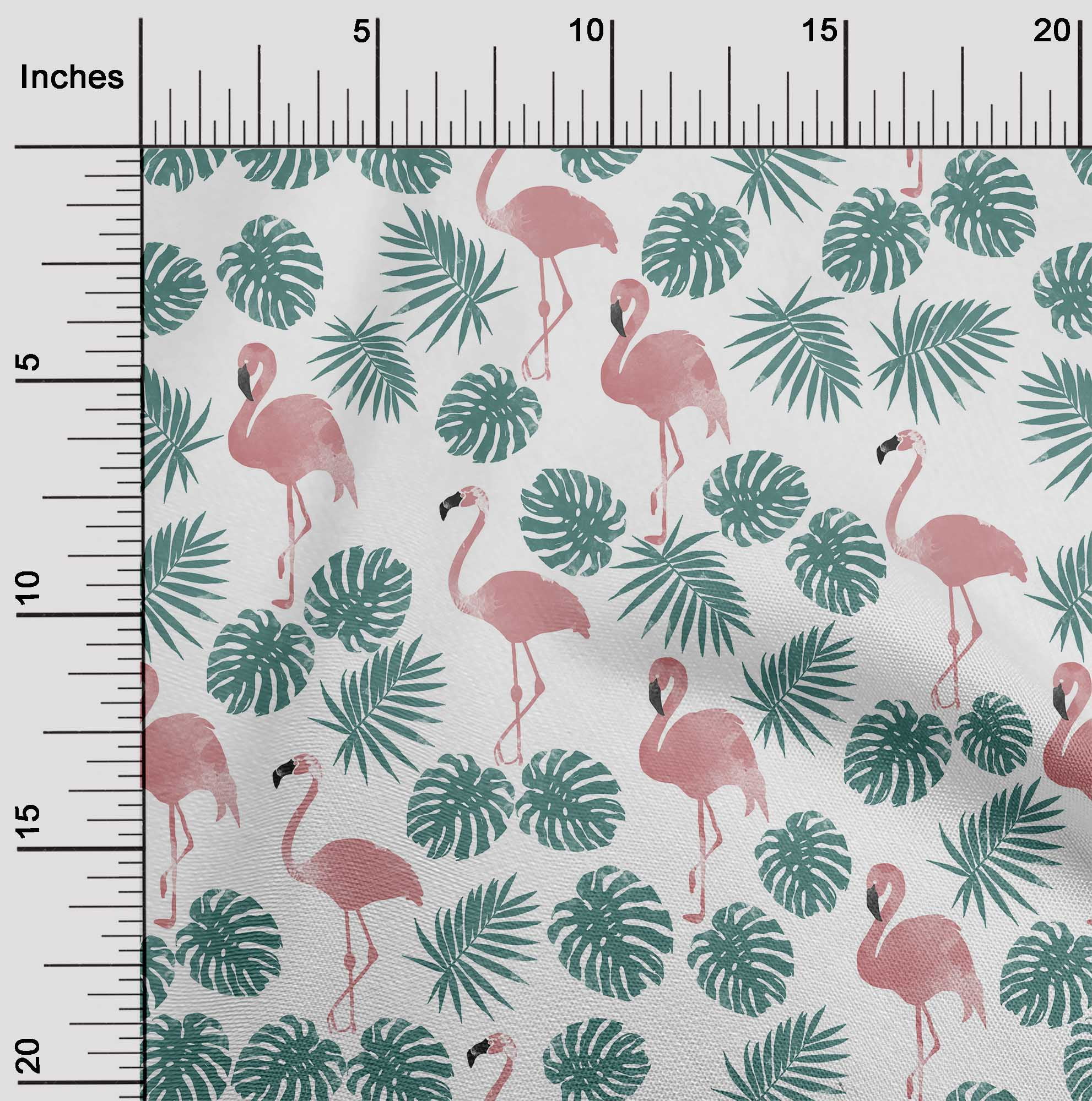oneOone Cotton Flex Dark Teal Green Fabric Palm Leaves & Flamingo ...