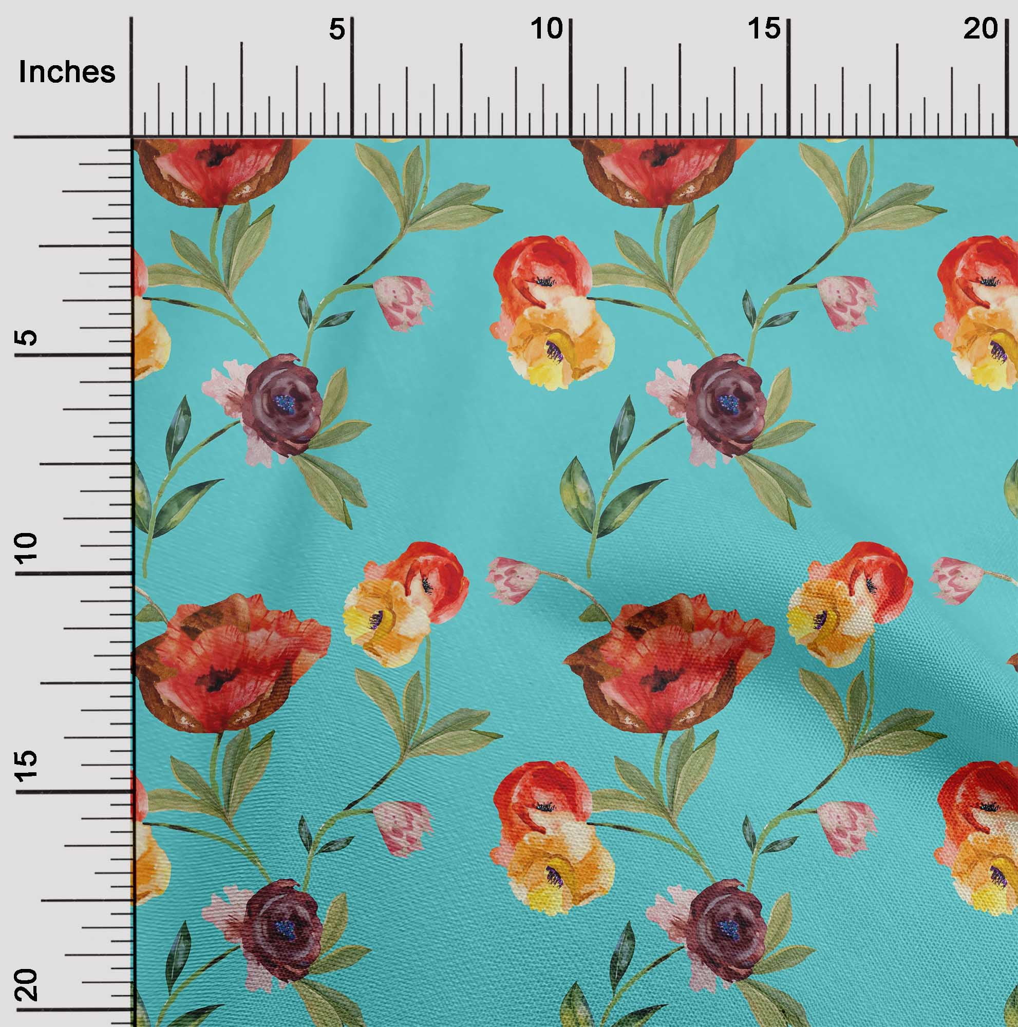 oneOone Cotton Jersey Turquoise Blue Fabric Flower & Leaves Watercolor ...