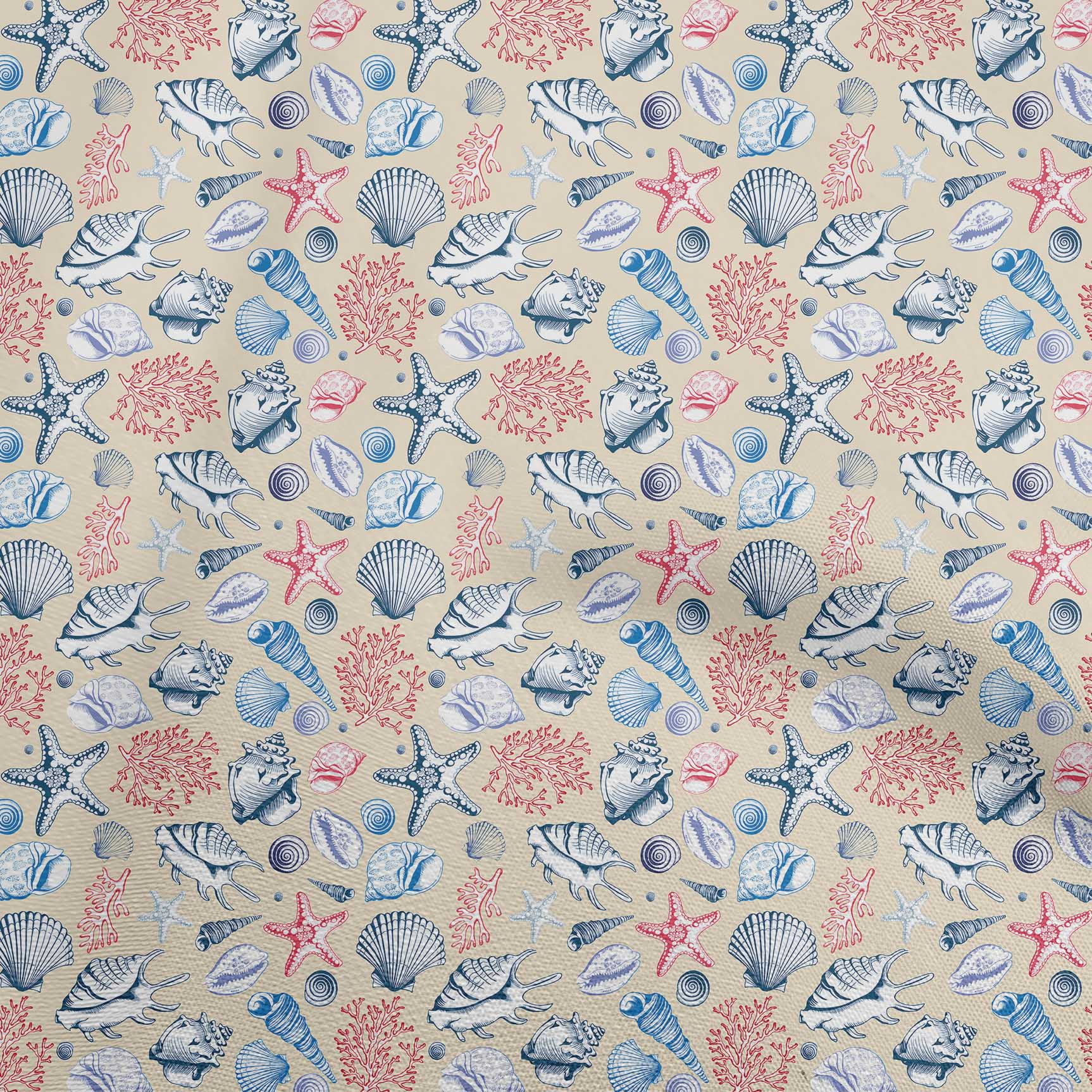 oneOone Cotton Poplin Beige Fabric Sea Shells Pattern Sewing Material ...