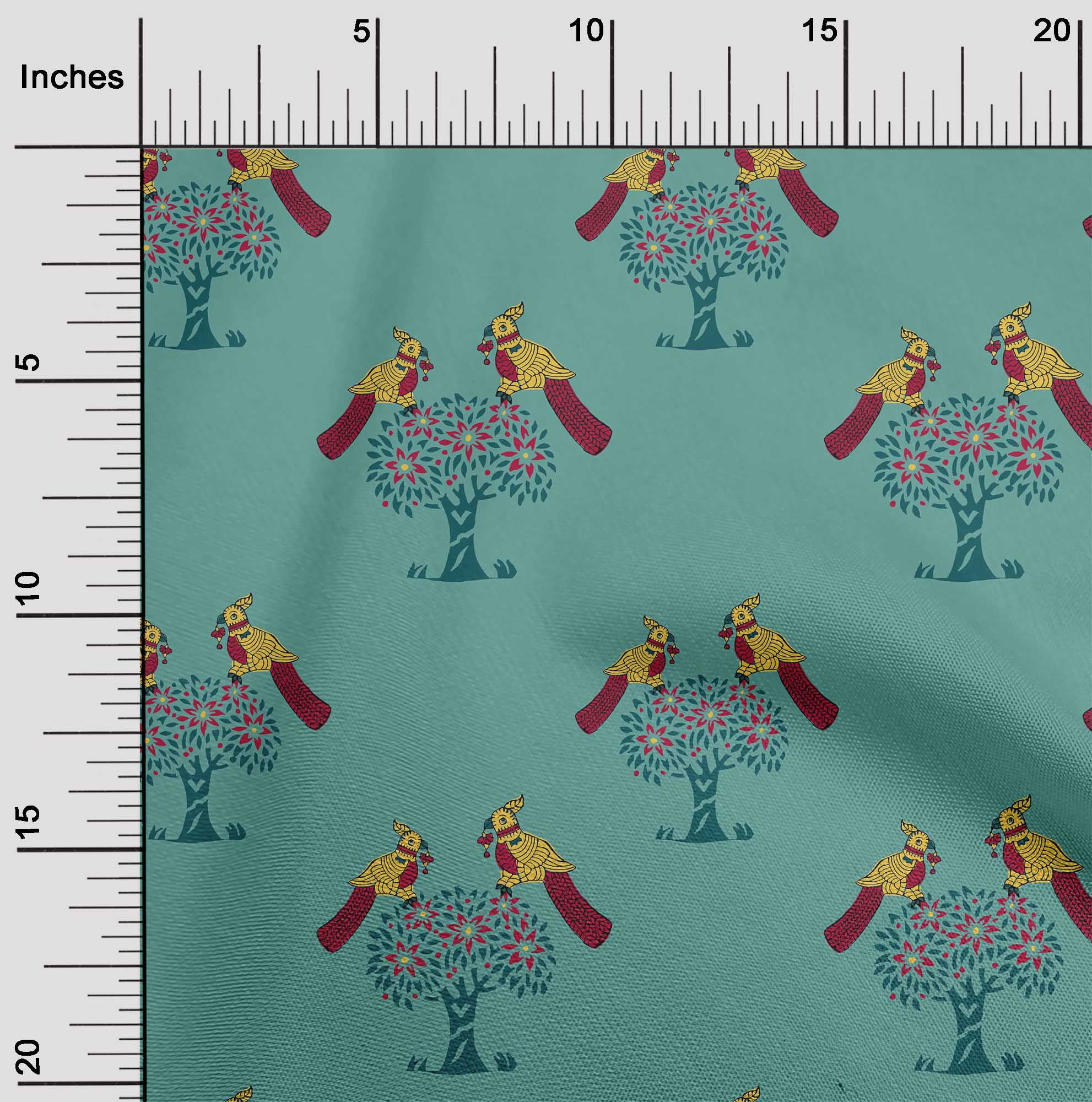 oneOone Cotton Poplin Fabric Bird & Tree Block Print Fabric By The Yard ...