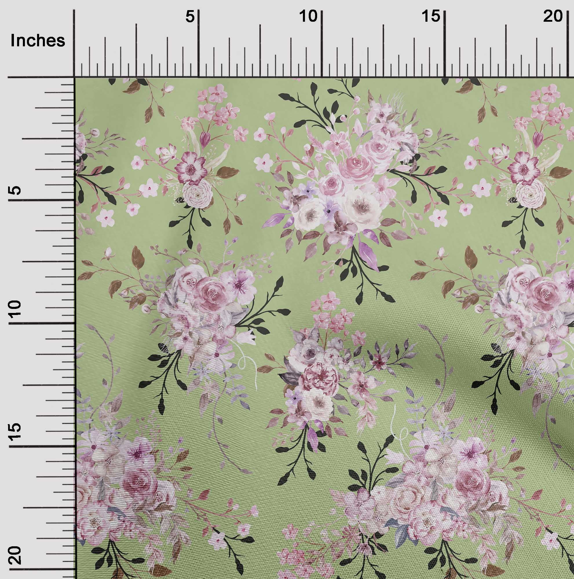 oneOone Cotton Poplin Light Green Fabric Watercolor Leaves & Flower ...