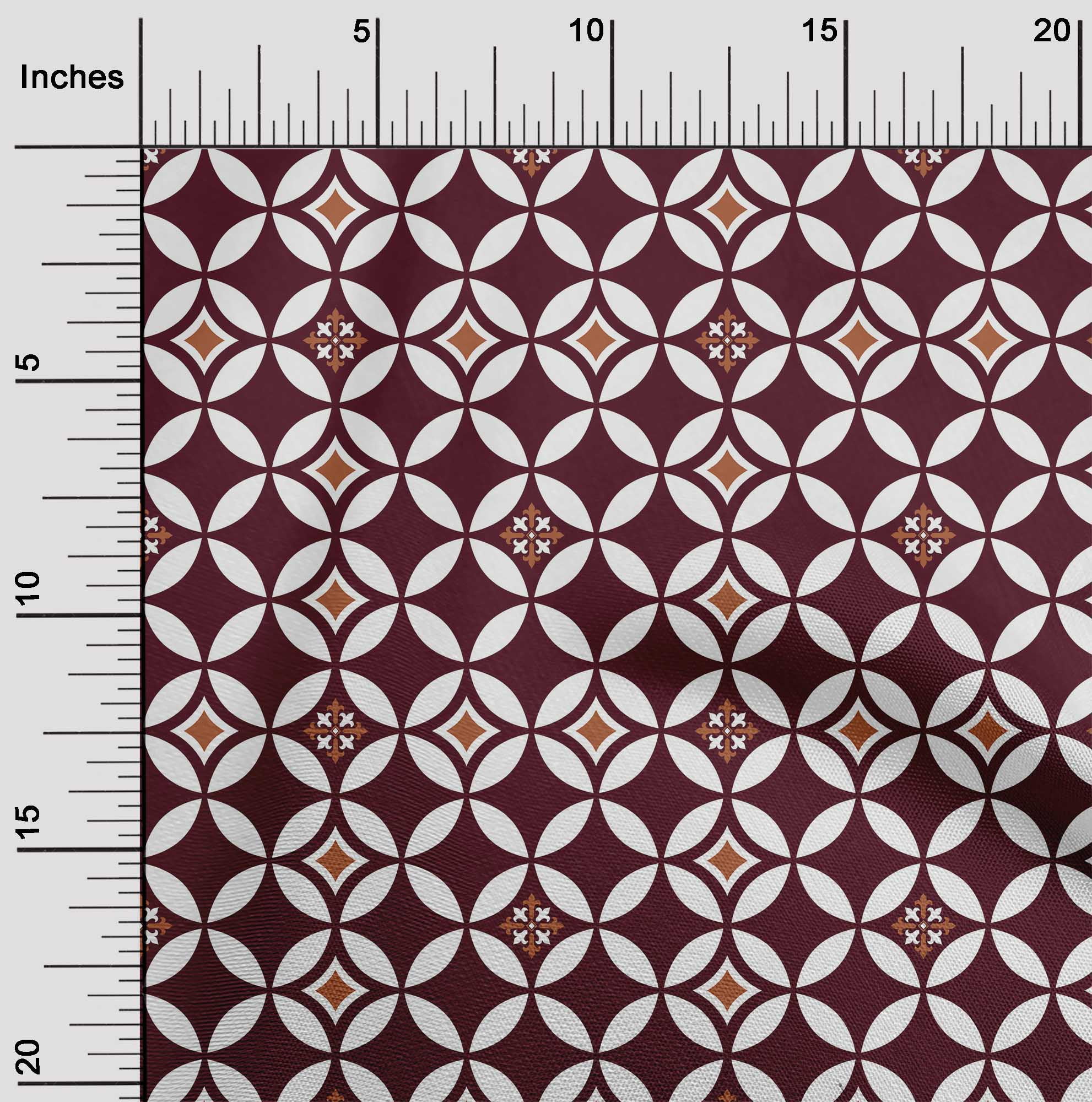 oneOone Cotton Poplin Maroon Fabric Floral & Tiles Moroccan Fabric For ...