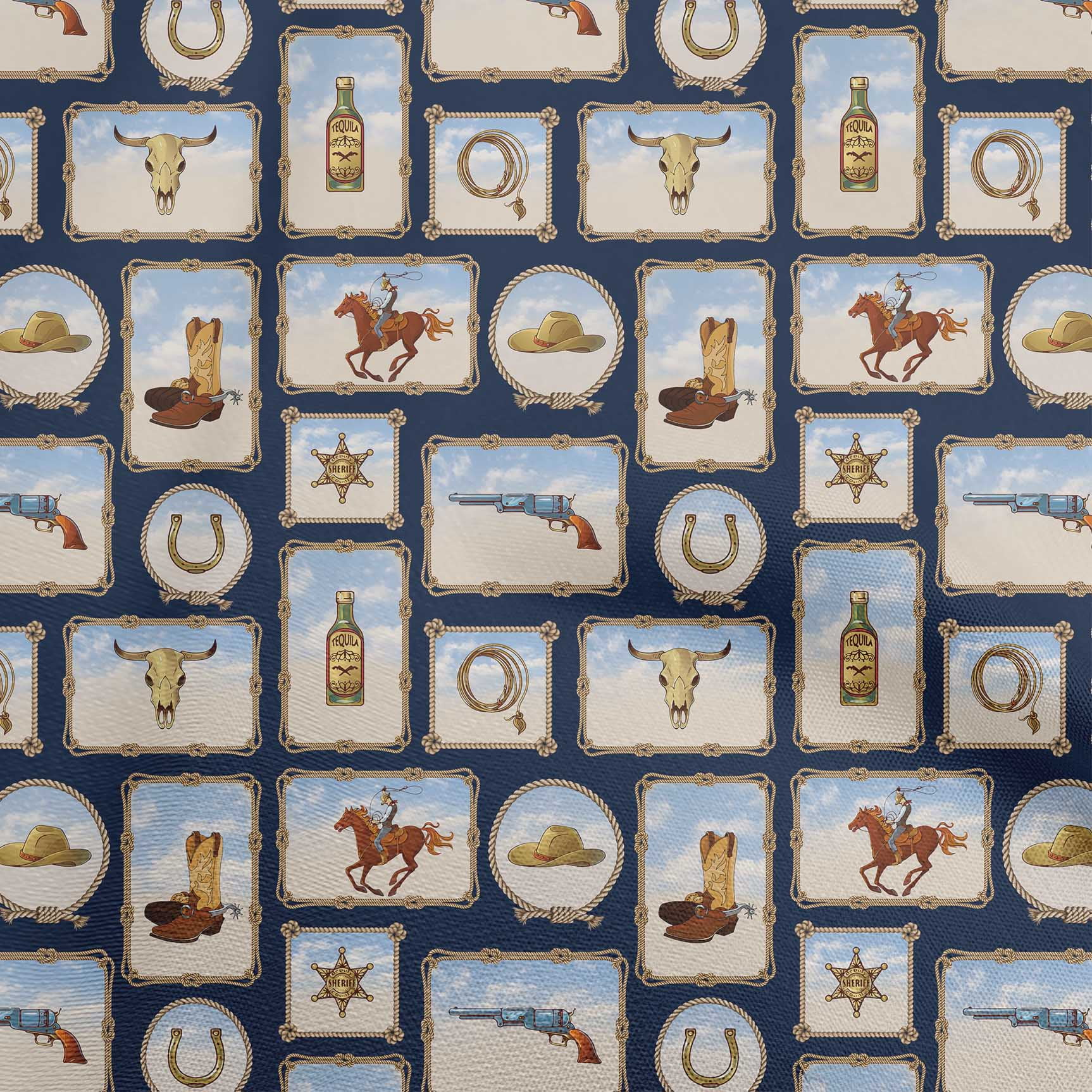 oneOone Silk Tabby Blue Fabric Cowboy Dress Material Fabric Print ...