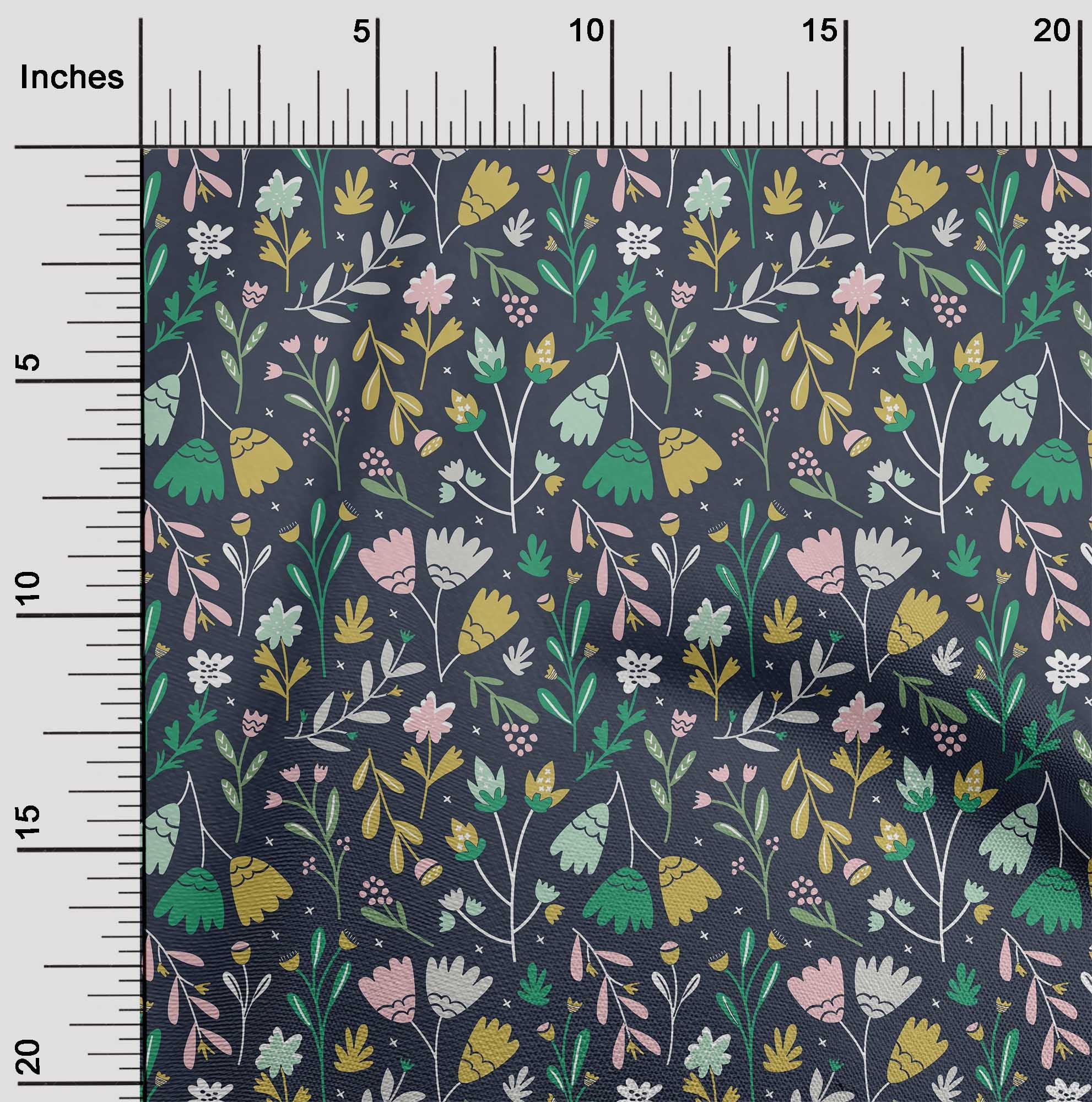 oneOone Silk Tabby Dark Navy Blue Fabric Leaves & Floral Artistic ...