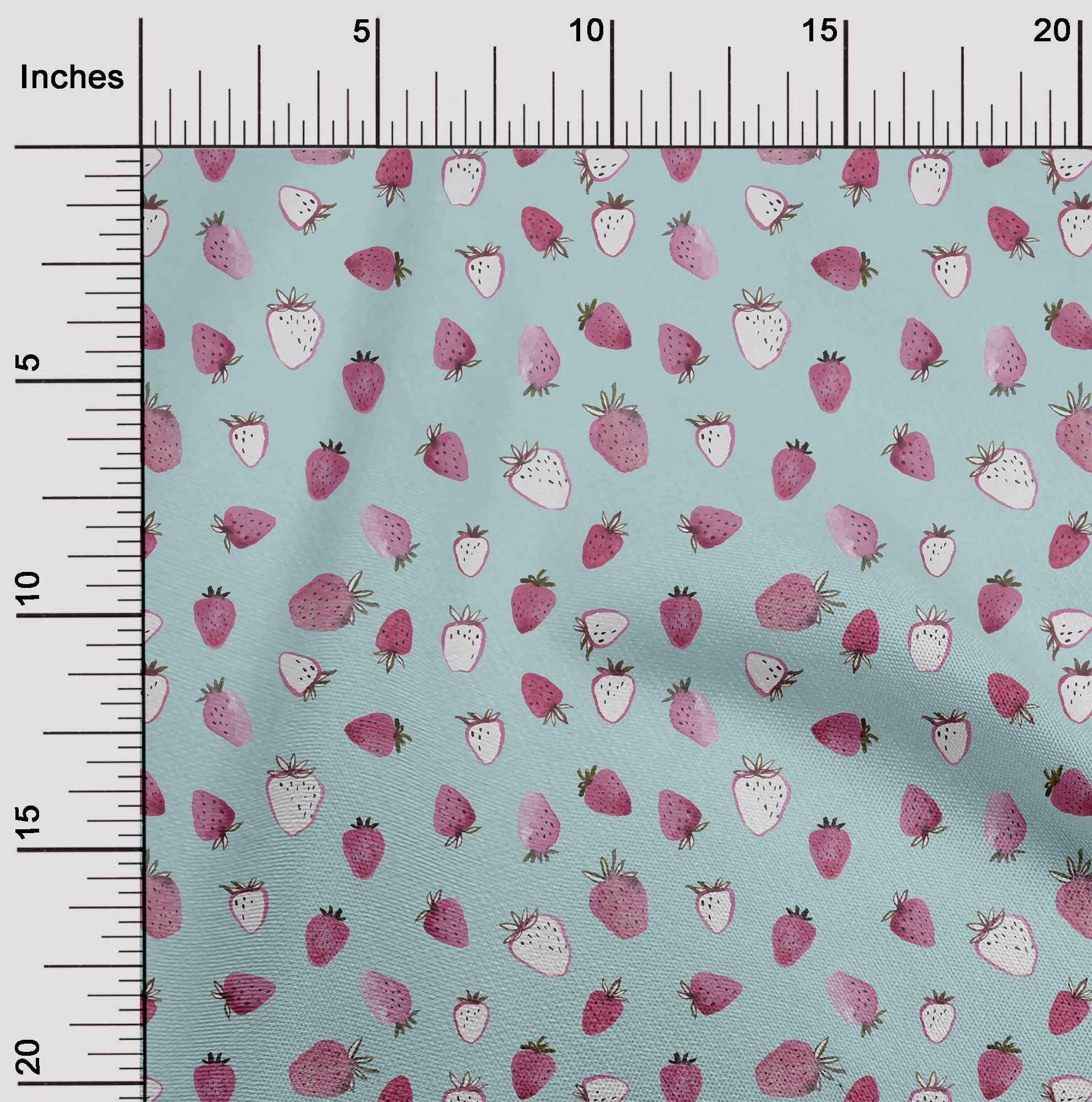 oneOone Silk Tabby Dusty Teal Blue Fabric Strawberry Fruits Sewing ...