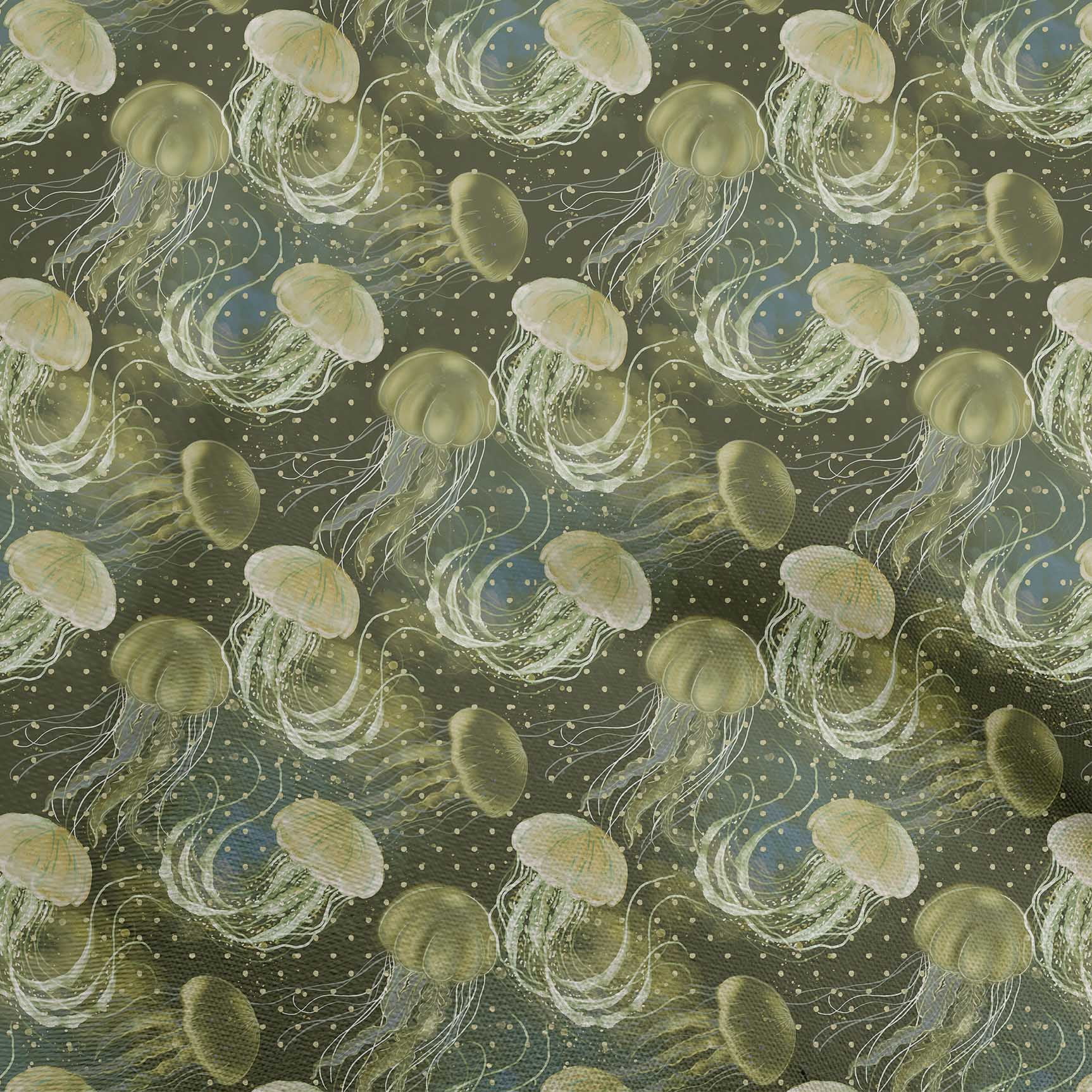 oneOone Viscose Chiffon Forest Green Fabric Ocean Jelly Fish Quilting ...