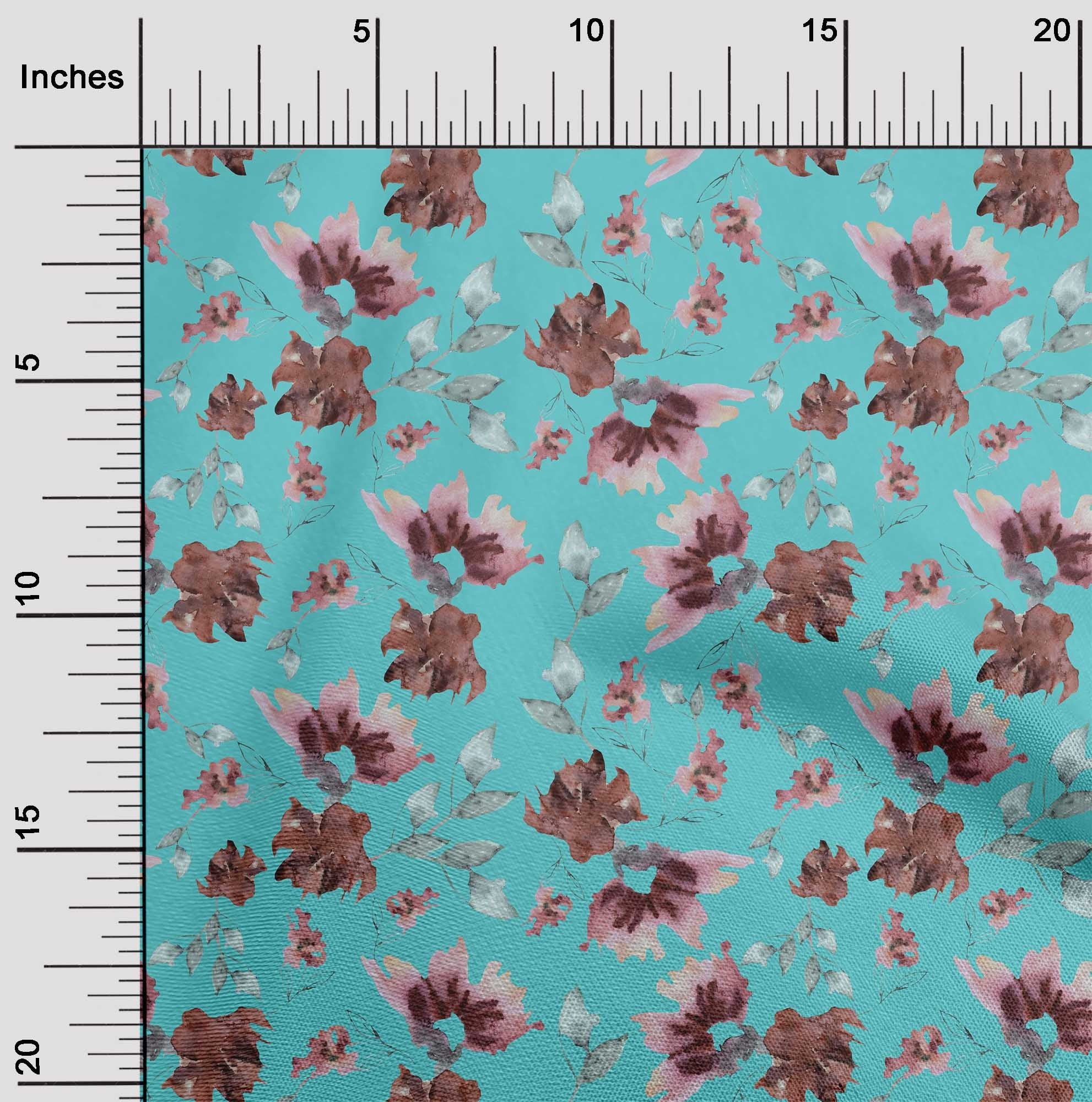 oneOone Viscose Chiffon Turquoise Blue Fabric Flower & Leaves ...