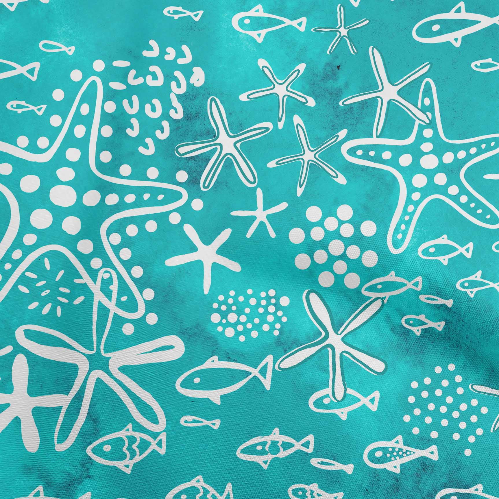 oneOone Viscose Chiffon Turquoise Blue Fabric Starfish & Fish Sewing ...