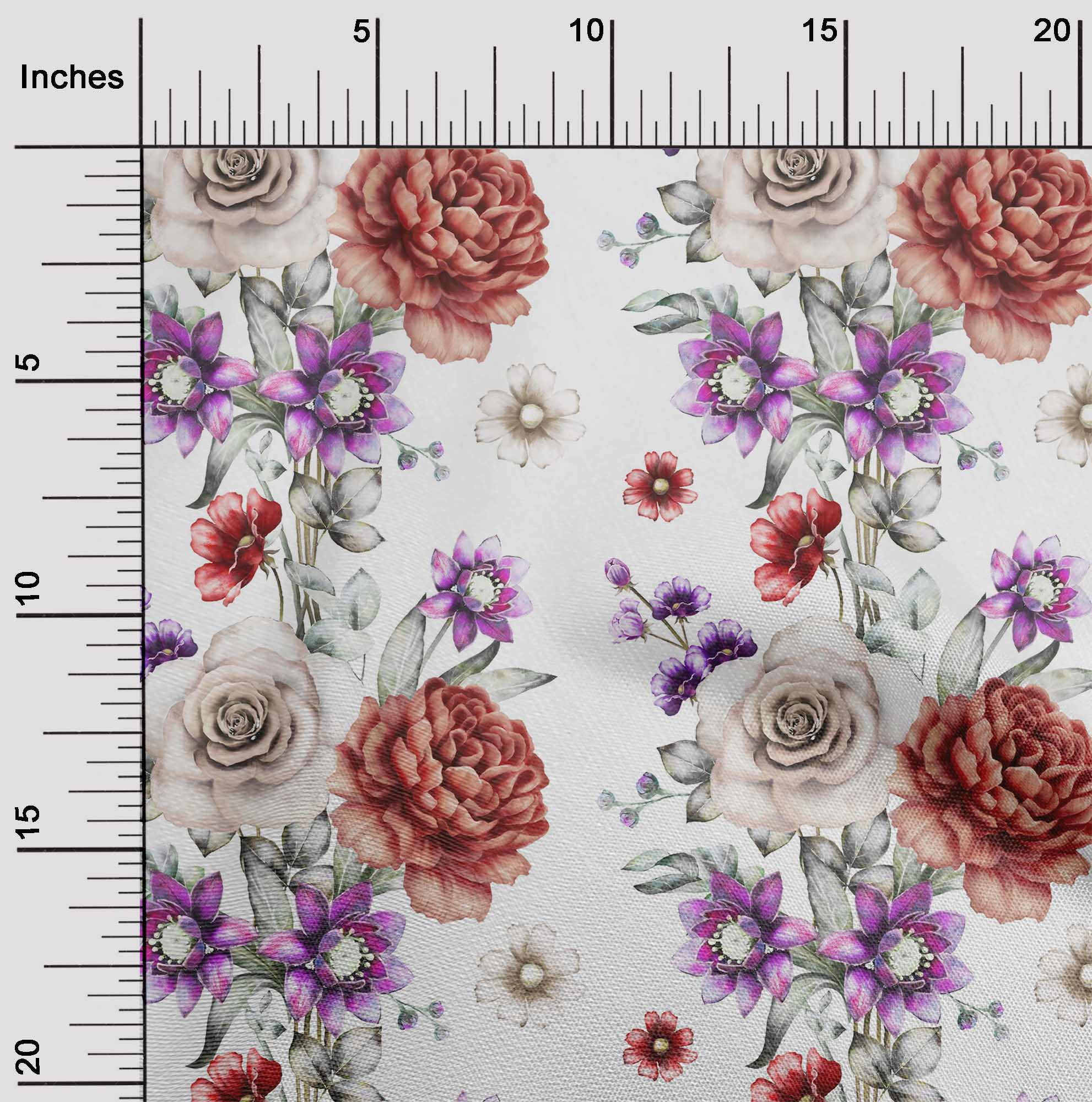 oneOone Viscose Chiffon White Fabric Leaves|Lotus & Rose Floral Fabric ...