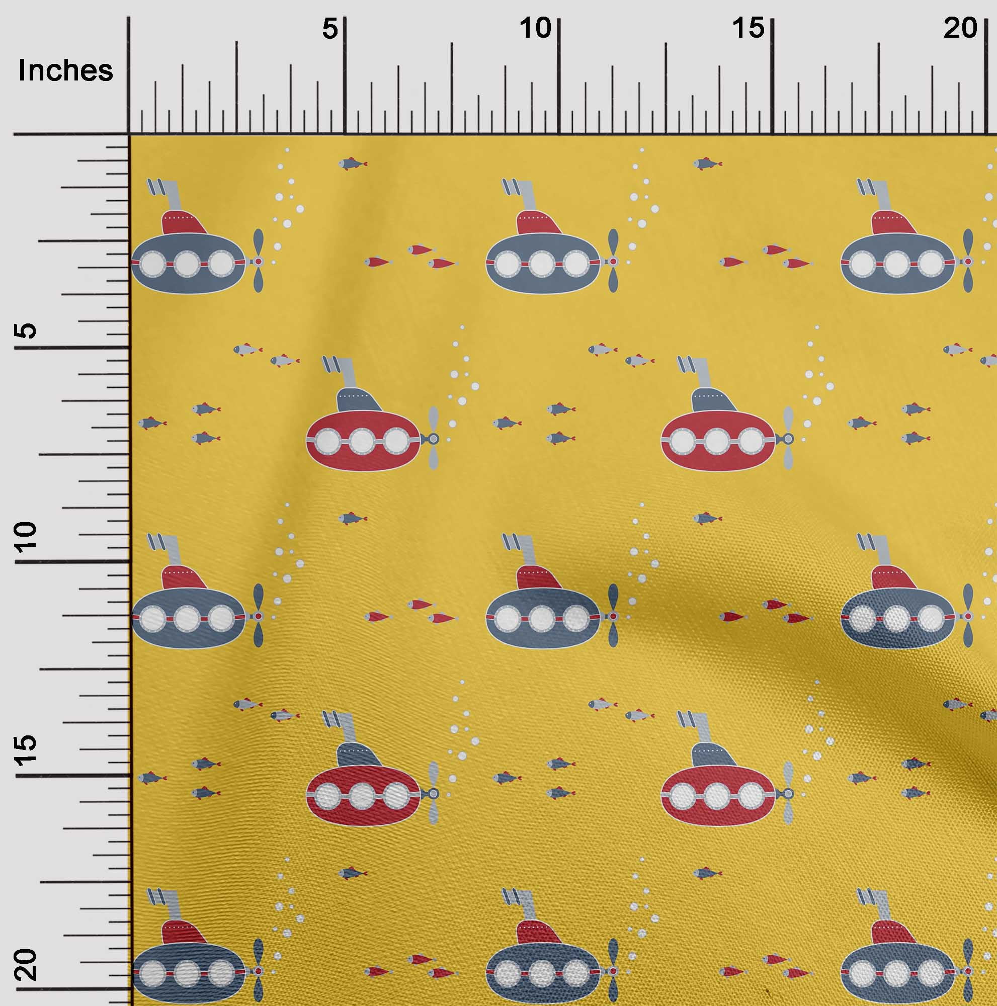 oneOone Viscose Chiffon Yellow Fabric Submarine & Fish Ocean Sewing ...