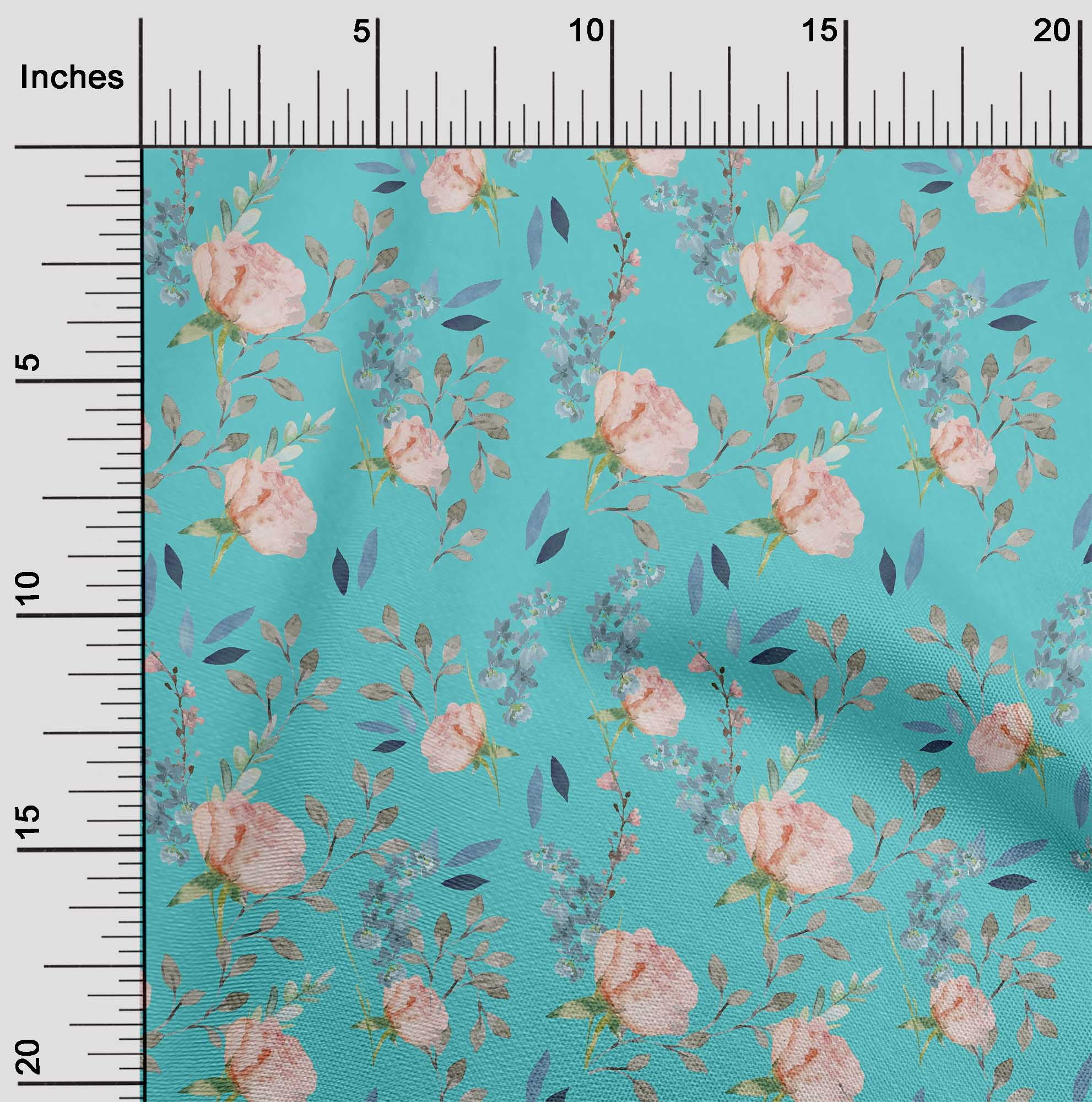 oneOone Viscose Jersey Turquoise Blue Fabric Flower & Leaves Watercolor ...
