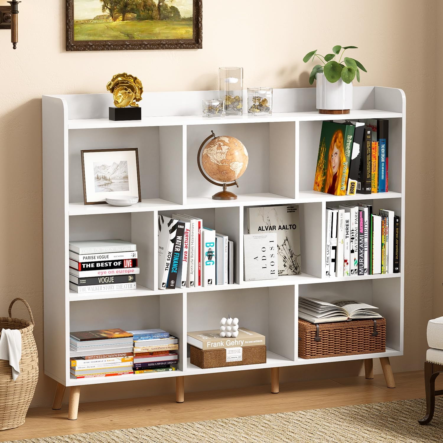 oneinmil 10 Cube Bookshelf with Legs, 3 Tier Open Wood Bookcases with ...