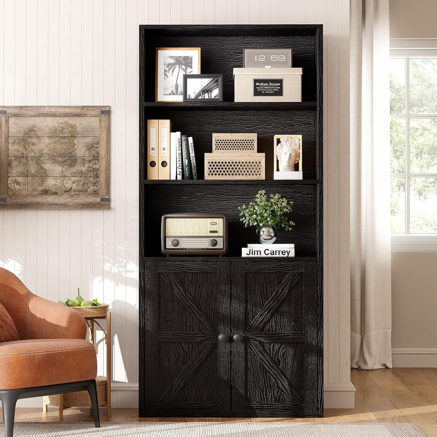 oneinmil 5-Tier Bookshelf and Bookcase, Wooden Bookshelves with Cabinet ...