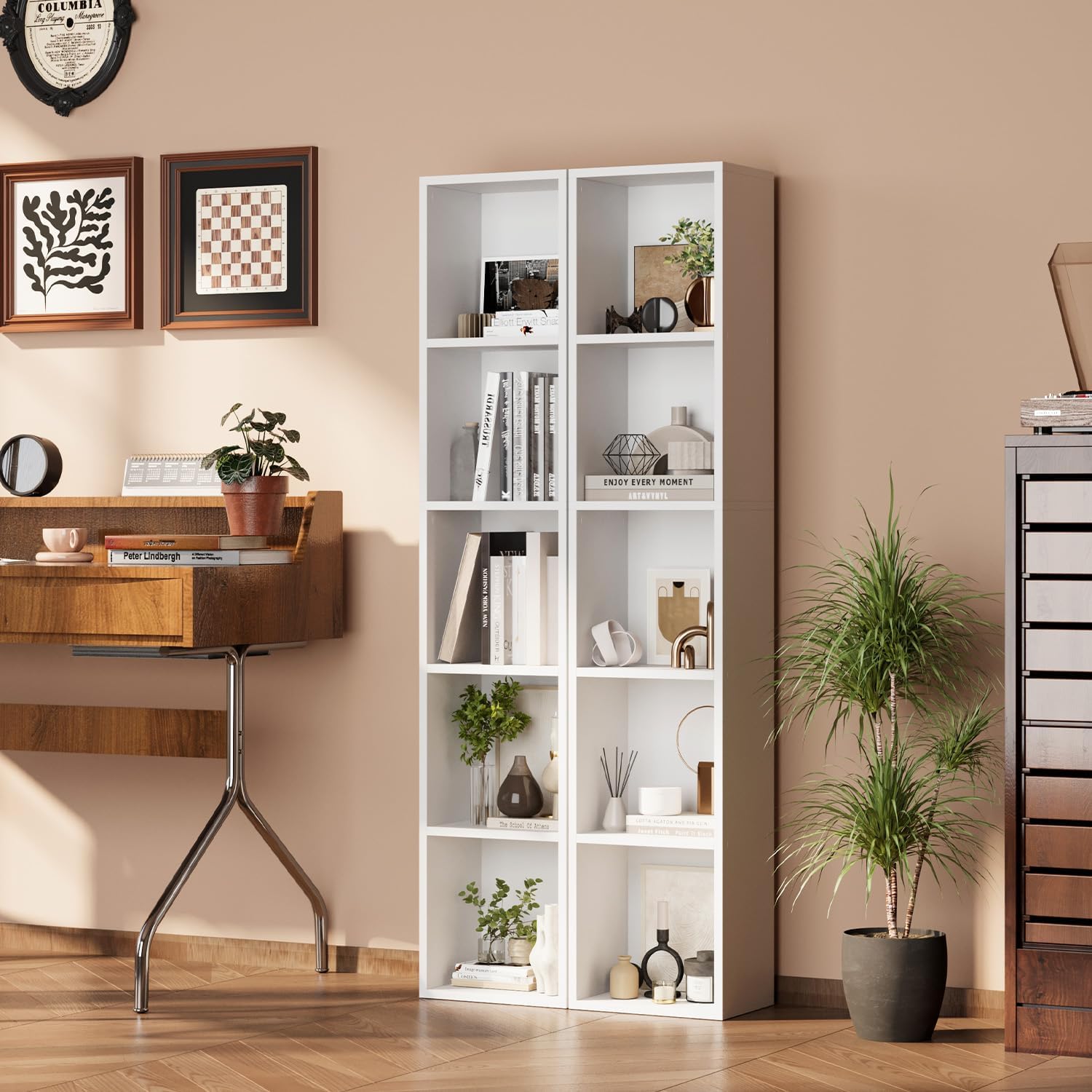 oneinmil 5-Tier Bookshelf Tall Narrow Set of 2 Modern Corner Bookcase ...
