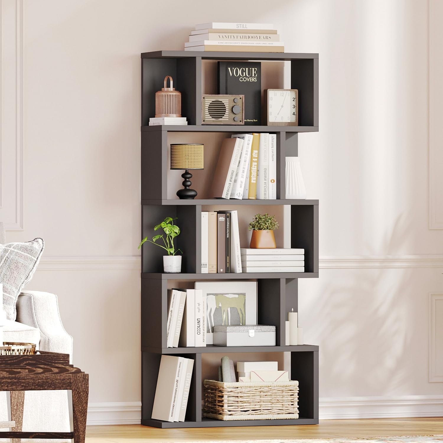 oneinmil 5-Tier Geometric Bookshelf, Tall Display Shelf, Freestanding ...