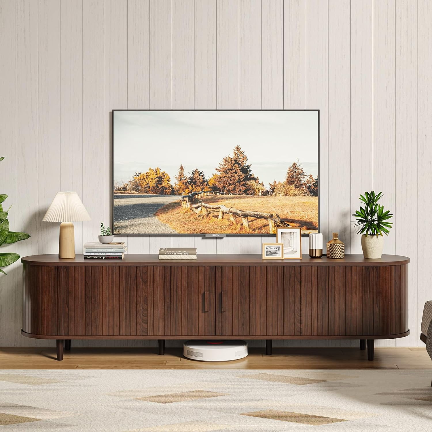 oneinmil 70" Mid Century Modern TV Stand with Sliding Doors, Wood ...