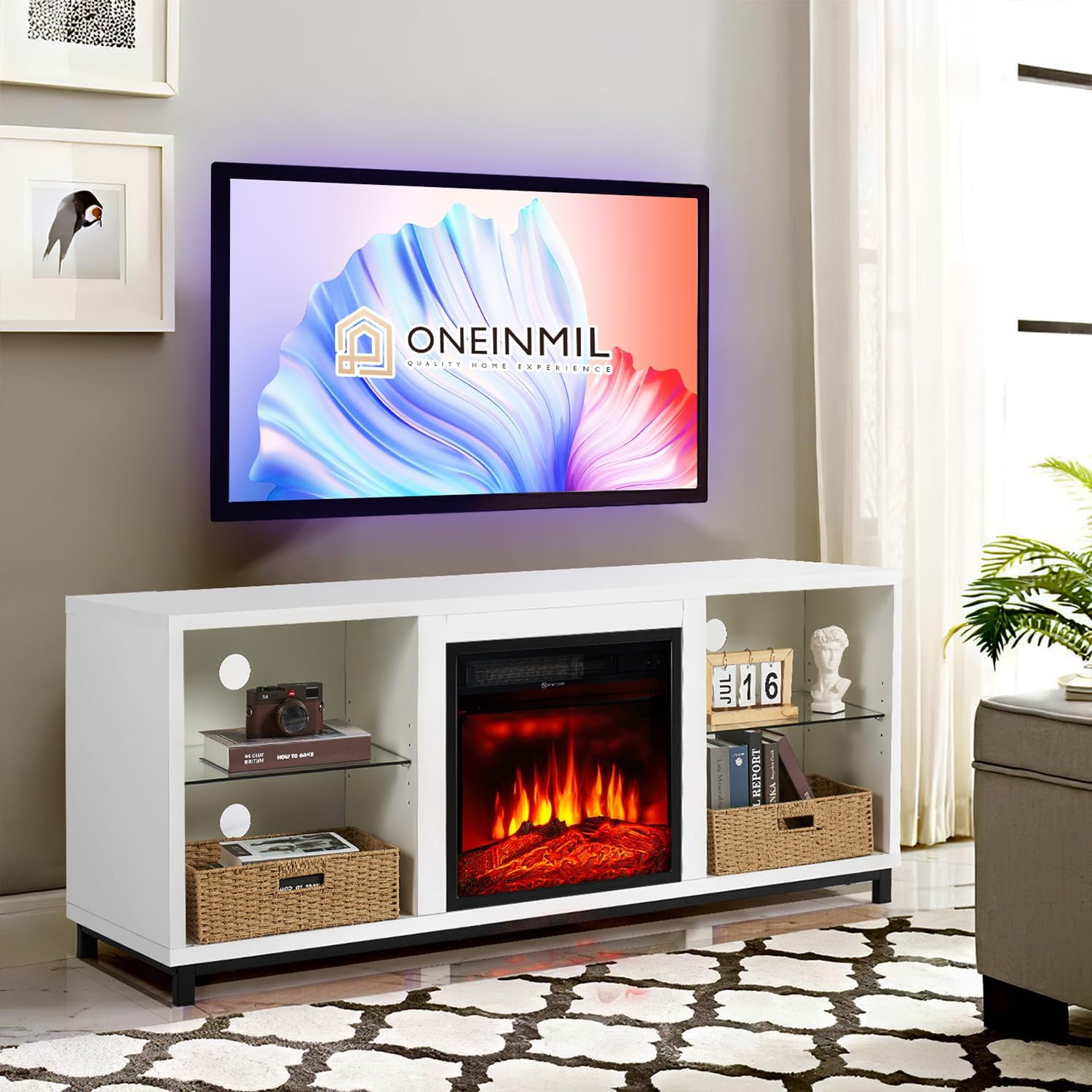 oneinmil Electric Fireplace TV Stand with Adjustable Glass Shelves, 3D ...