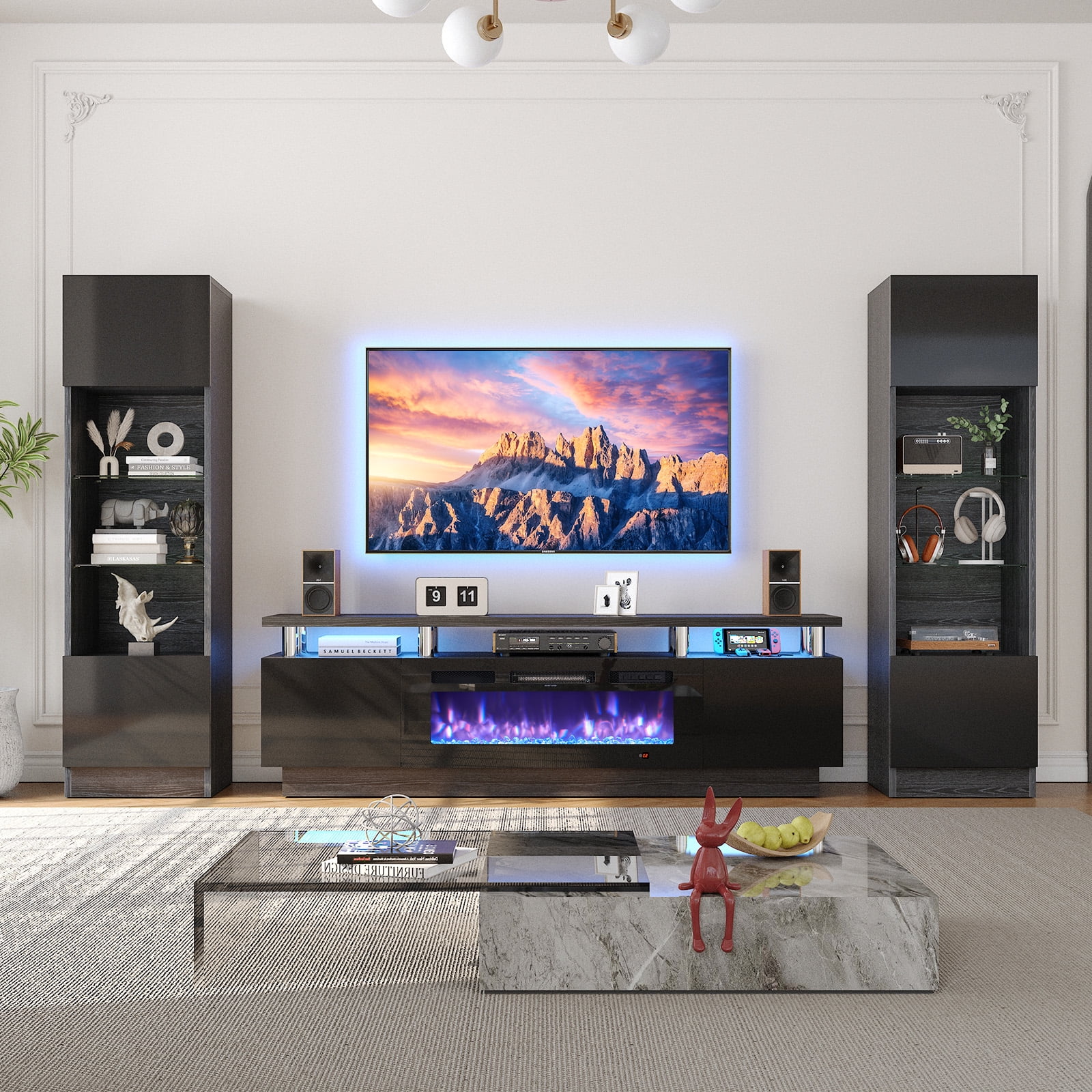 oneinmil Entertainment Center with Fireplace and Bookcases, Includes 70" 2-Tier Fireplace TV ...