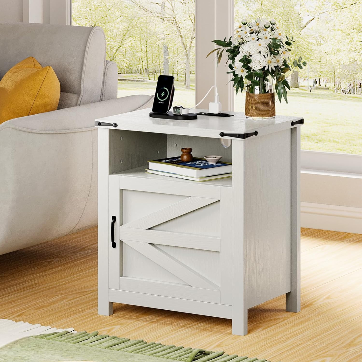 oneinmil Farmhouse End Table with Charging Station, 21'' Rustic ...