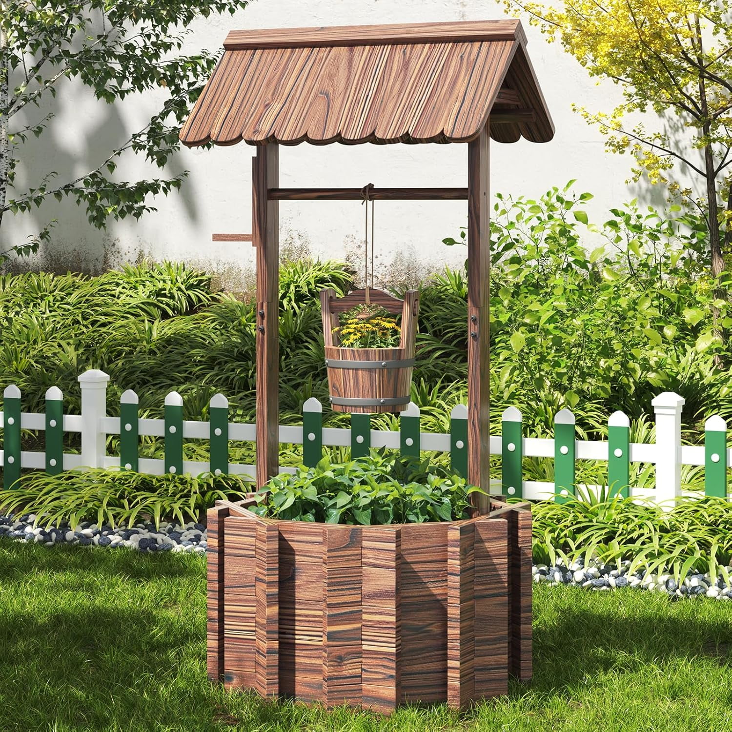 oneinmil Outdoor Wooden Wishing Well Planter with Hanging Bucket for ...