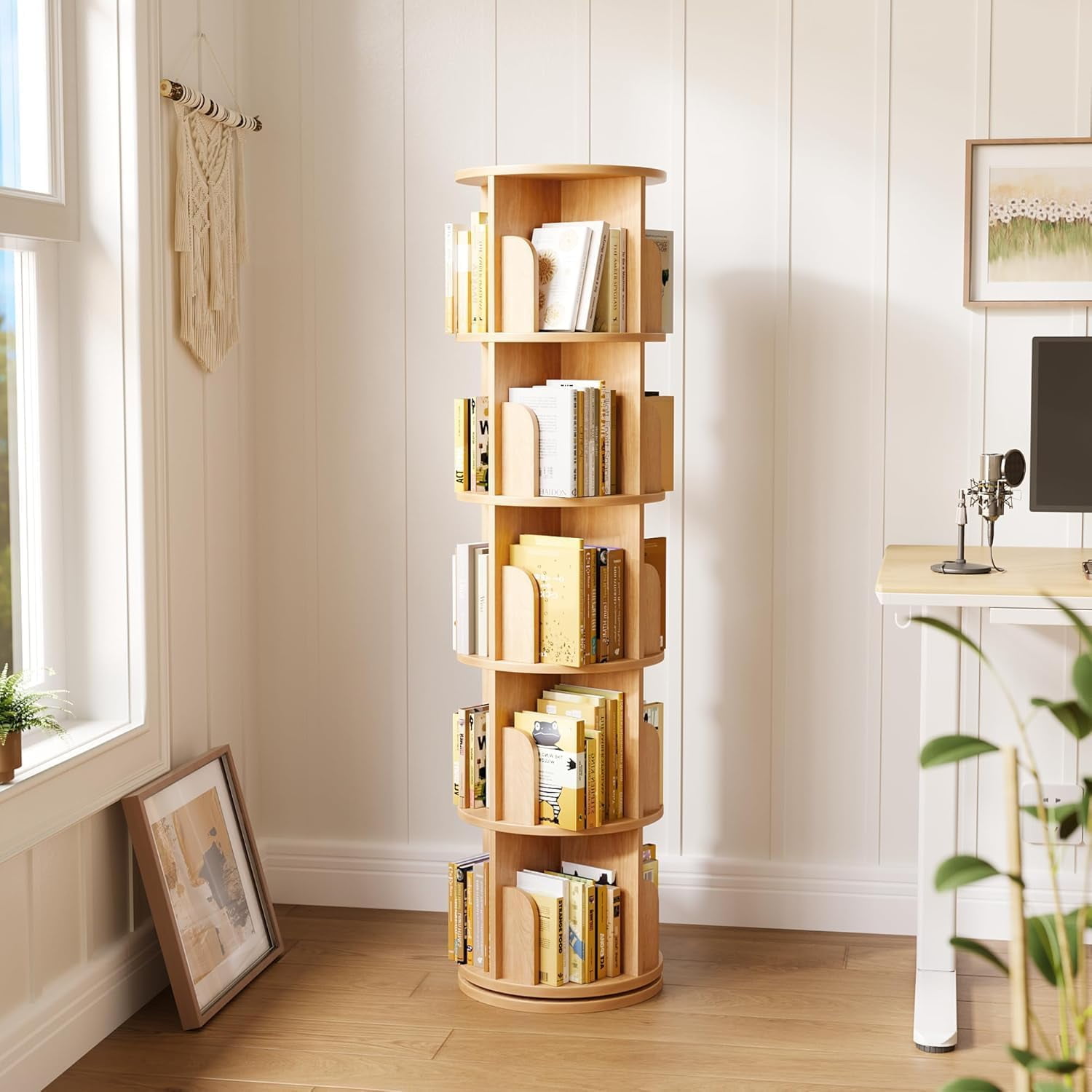 oneinmil Rotating Bookshelf, 360 Display 5 Tier, Small Bookshelf for ...