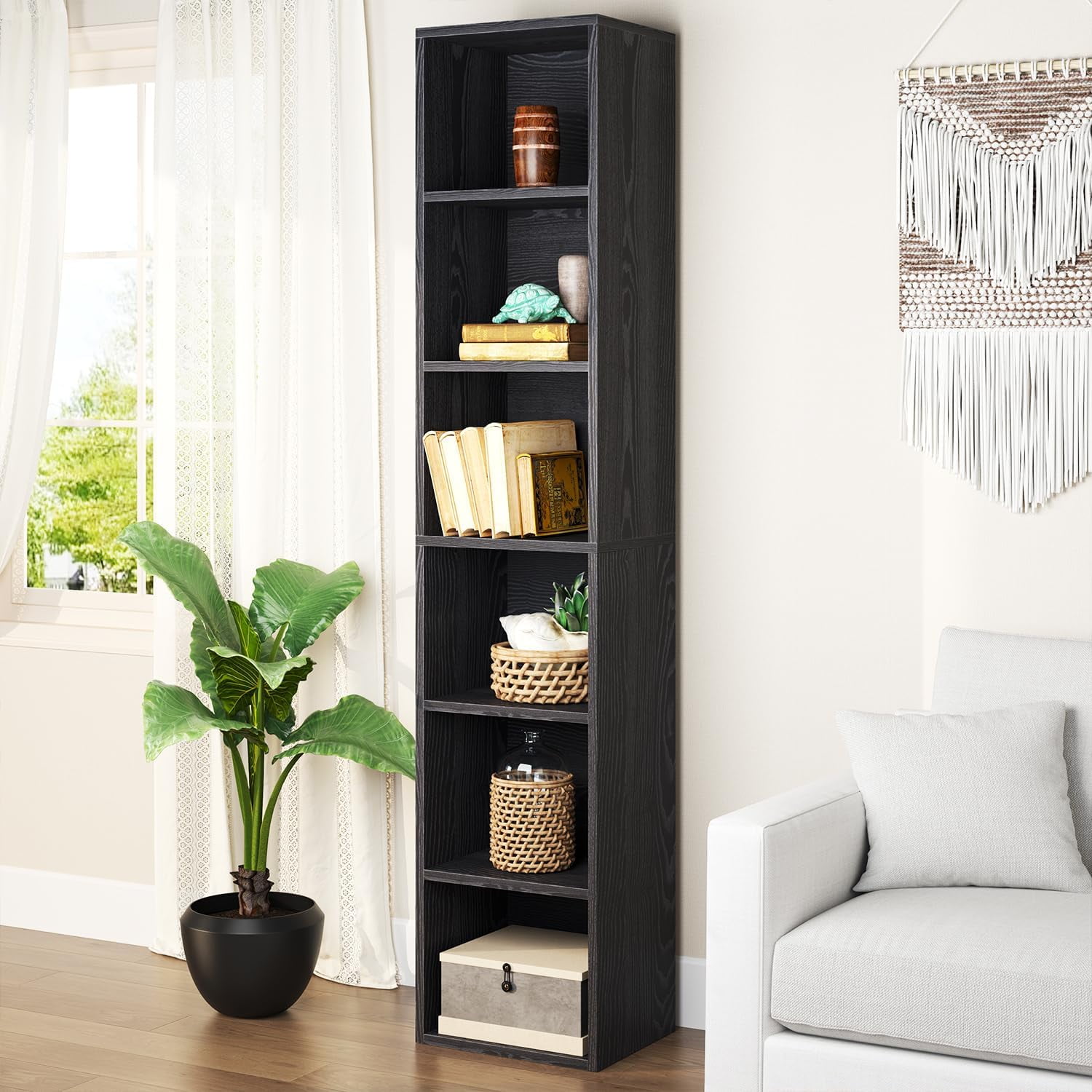 Tall Narrow Bookshelf, 6-Tier Cube Display Rack, Modern Corner ...